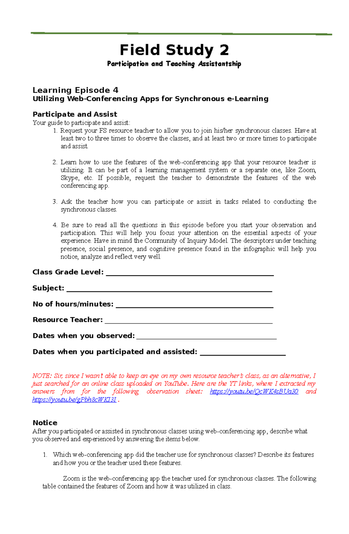 Field Study 2 Learning Episode 4 - Field Study 2 Participation and ...