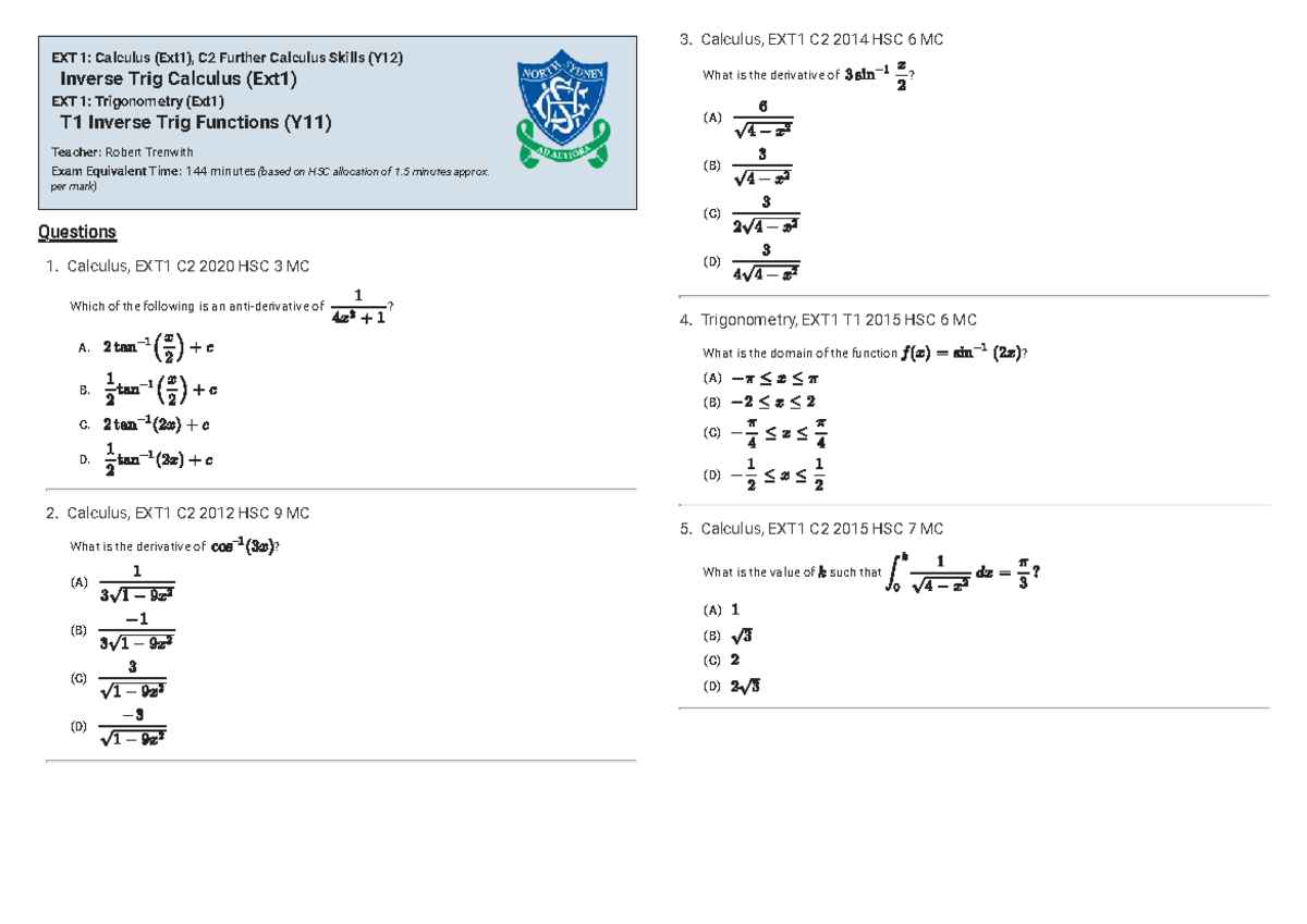 Inverse Trigonometry Questions - EXT1 C2 HSC Exam Prep - Studocu