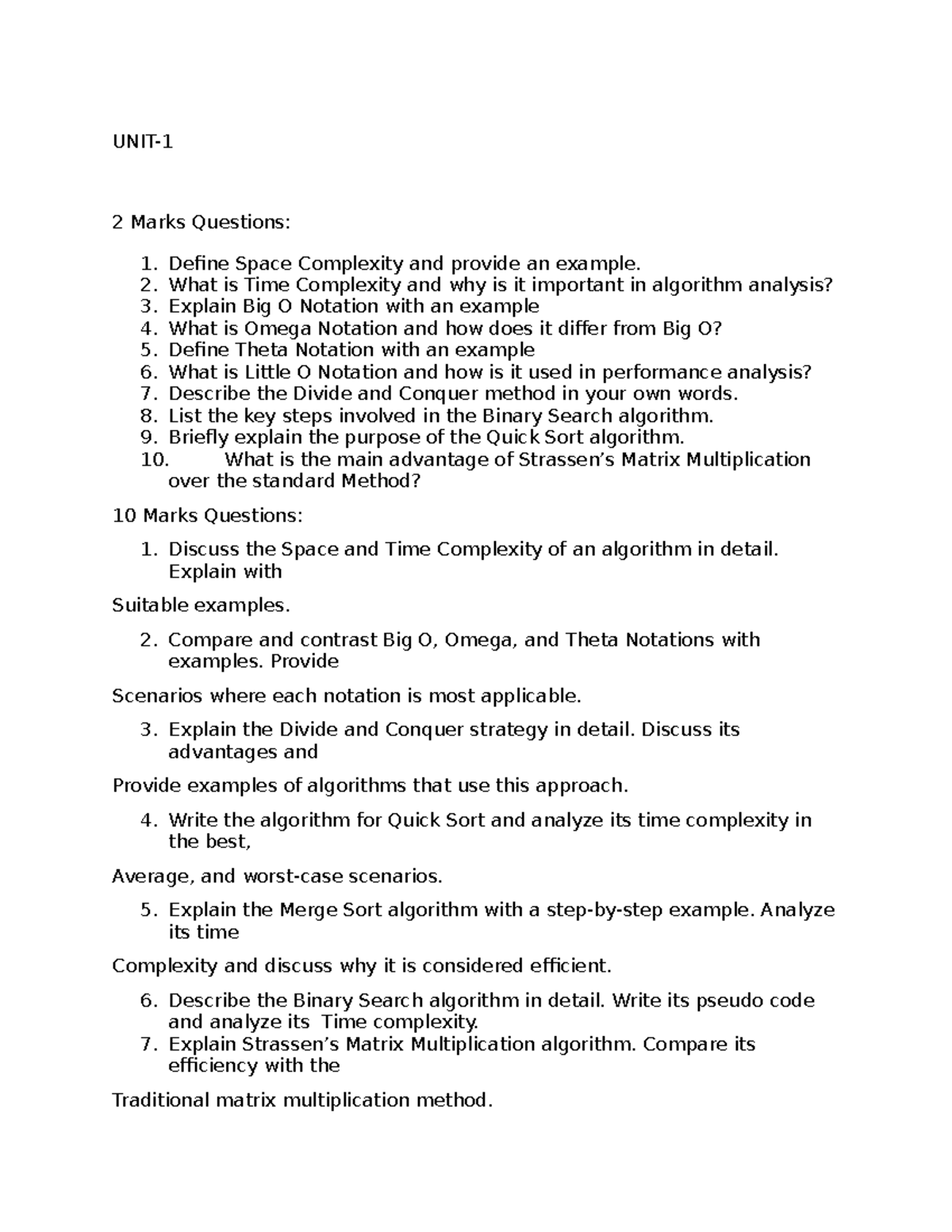 DAA practice questions - UNIT- 2 Marks Questions: 1. Define Space ...