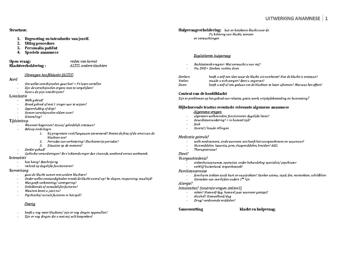 Anamnese Uitwerking en Structuur bij ALTIS: Essentiële Vragen en ...