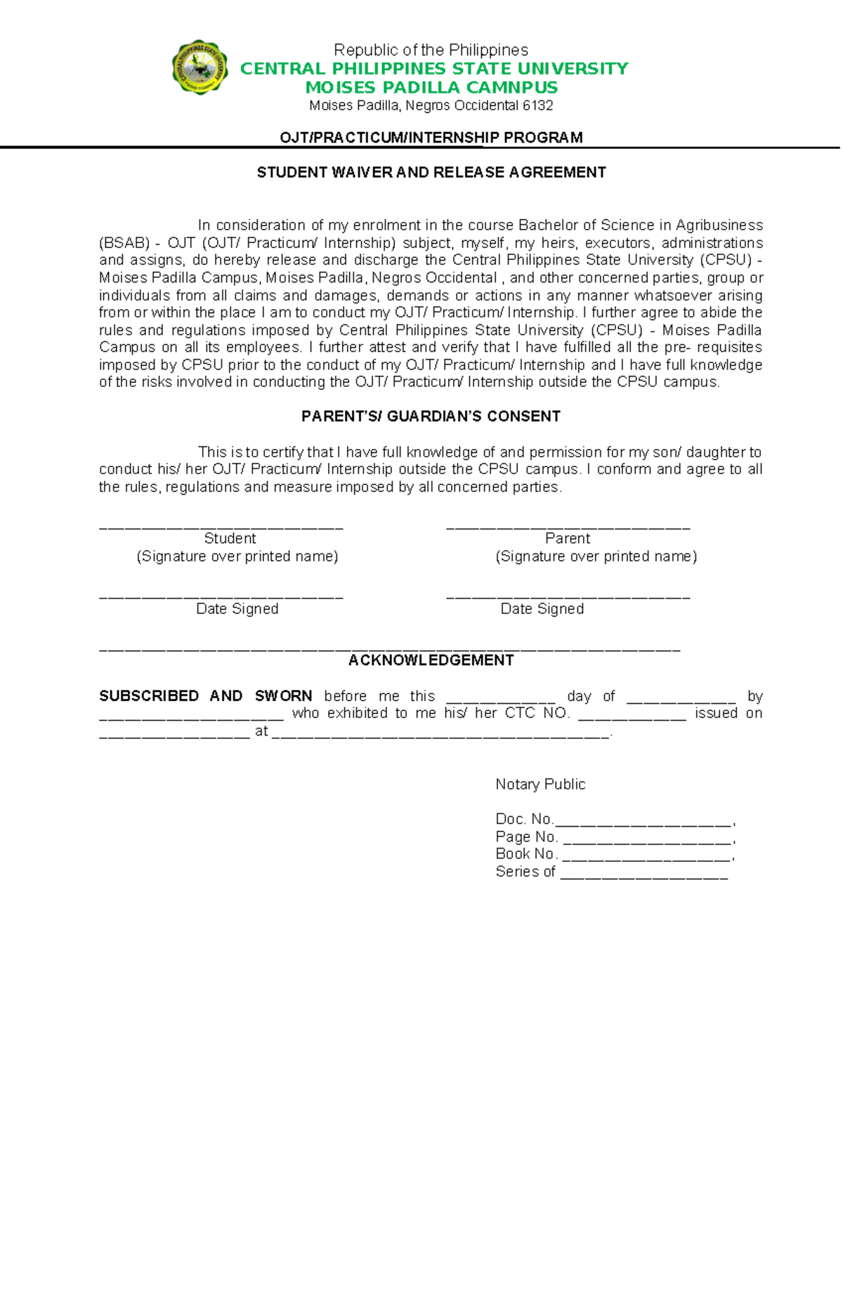 BSAB OJT Internship Student Waiver and Release Agreement - Studocu