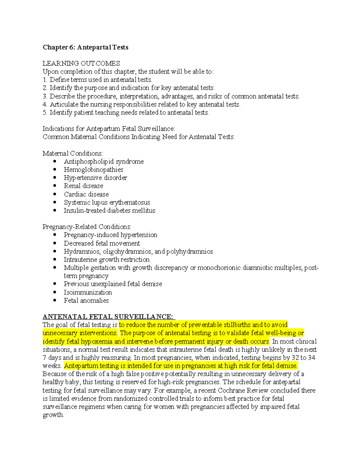 Maternity Course Notes: Ch. 6, 7, 9 Antenatal Testing & High-Risk Care ...