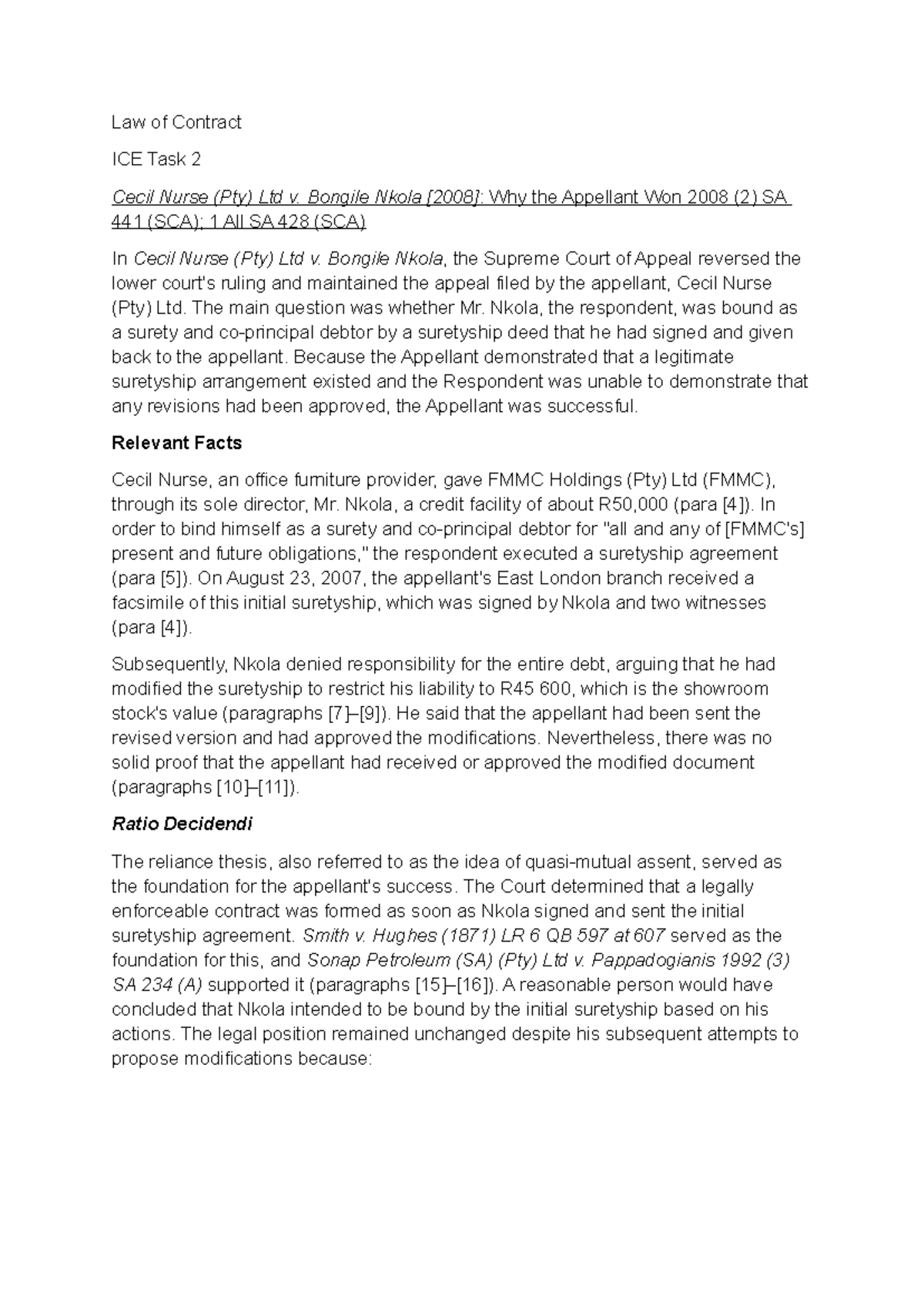 Law of Contract ICE Task 2: Cecil Nurse (Pty) Ltd v. Nkola Analysis ...