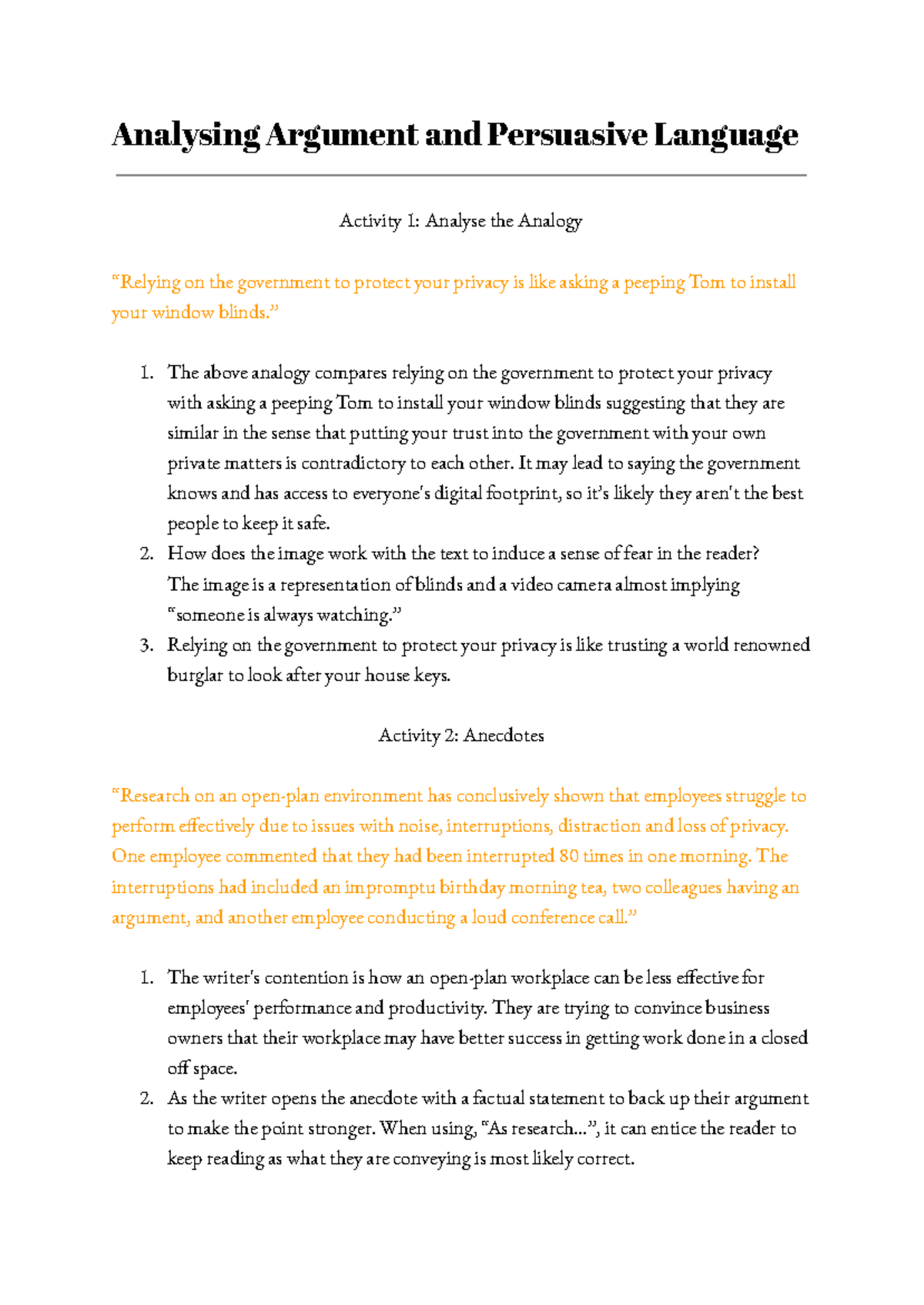 Analysing Argument and Persuasive Language - ” 1. The above analogy ...