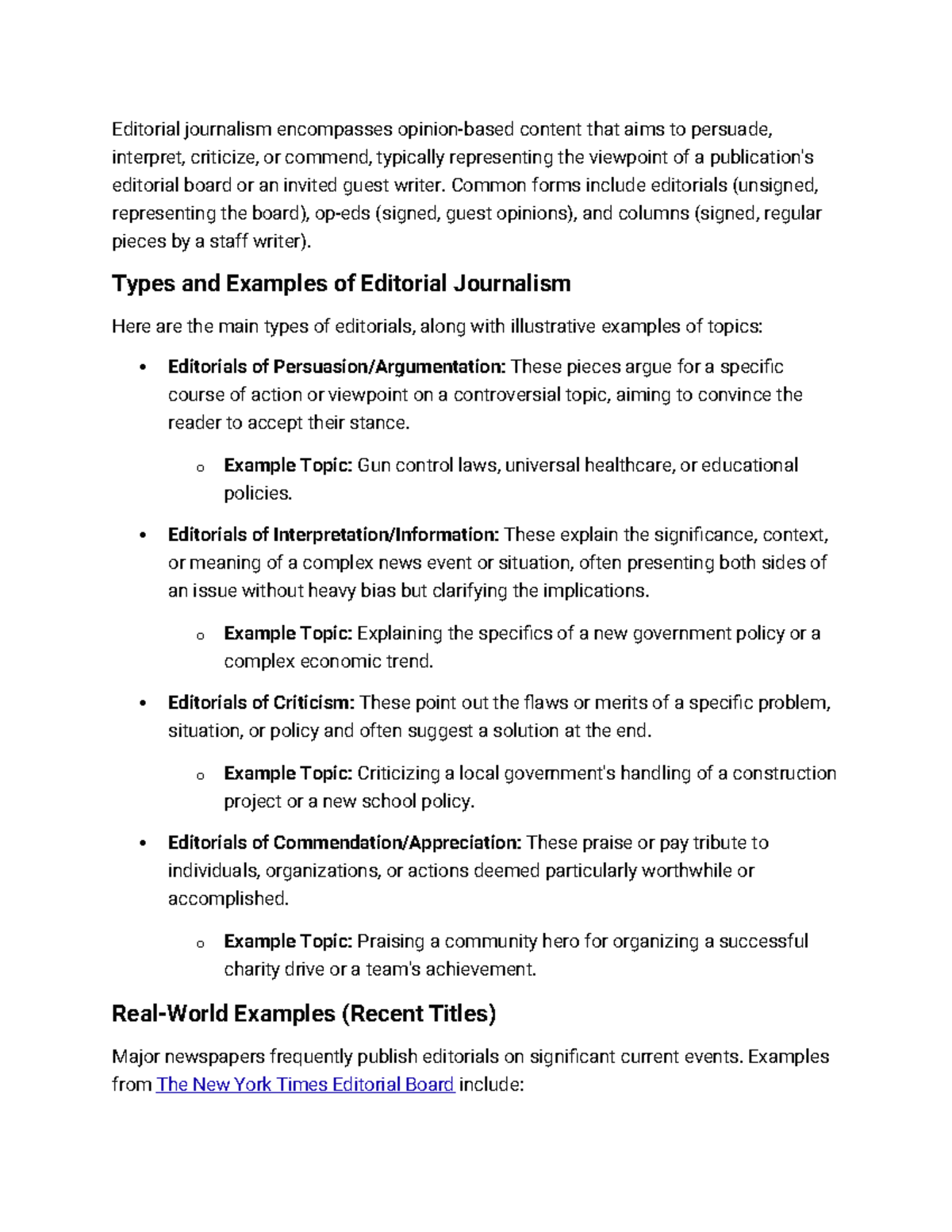 Types and Examples of Editorial Journalism: Insights and Analysis - Studocu