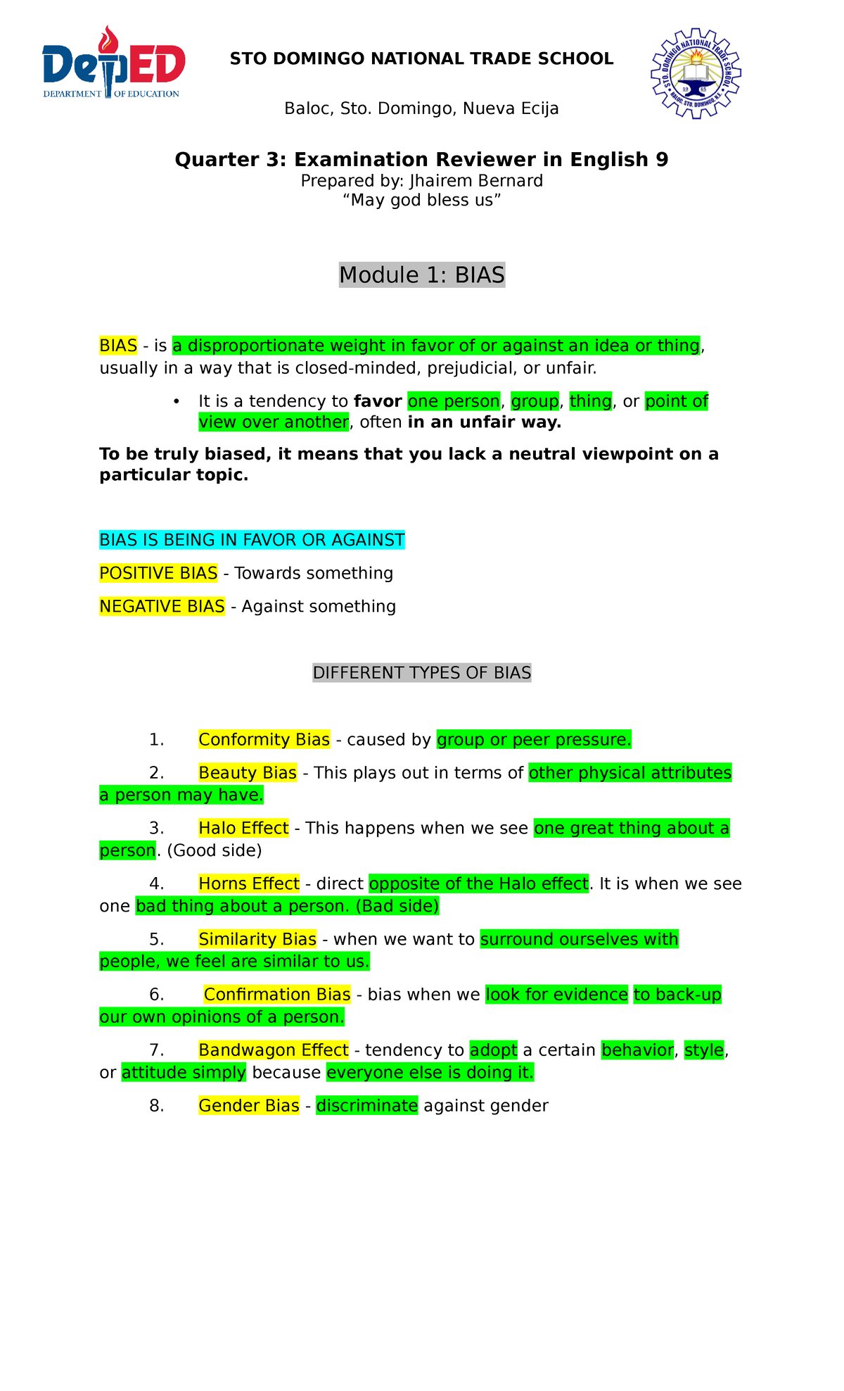 3rd Quarter English 9: Comprehensive Reviewer & Lessons - Studocu