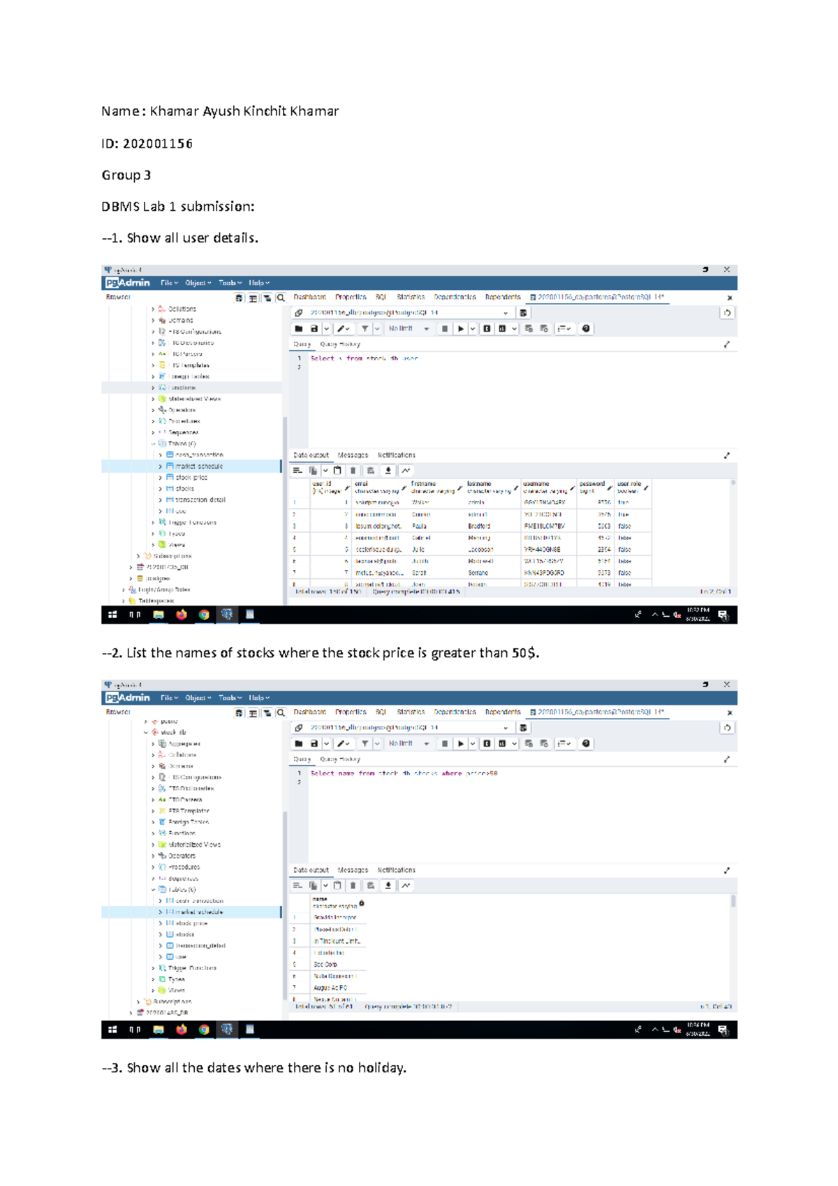 DBMS Lab 1 - Group 3 Output Report (ID: 202001156) - Studocu