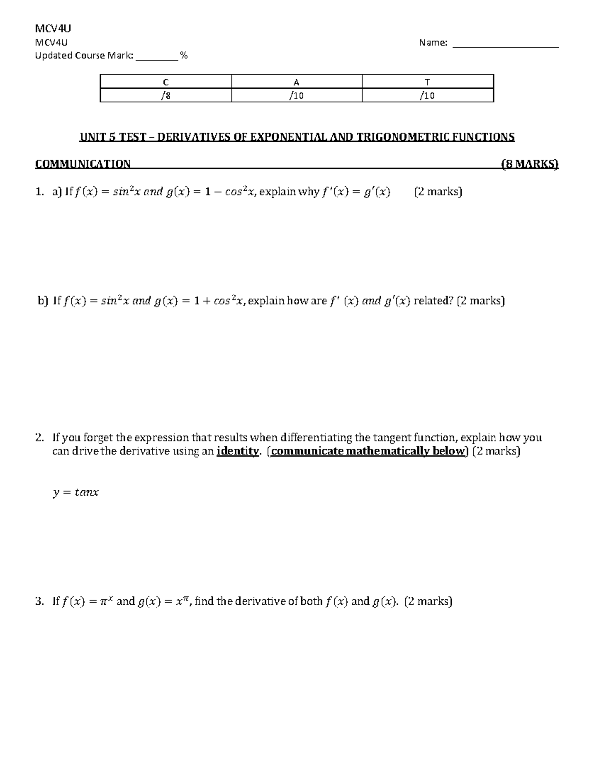MCV4U Unit Test 5: Derivatives of Exponential & Trig Functions - Studocu