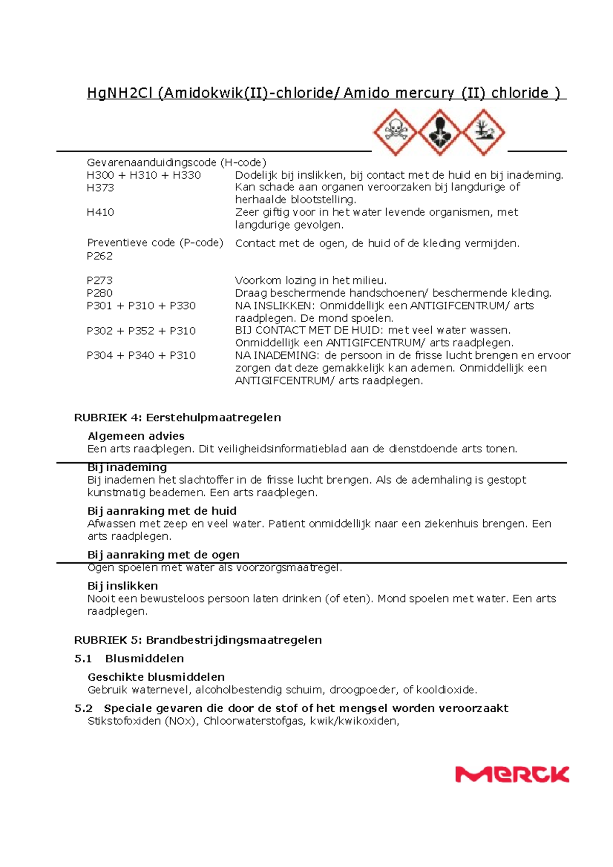 Veiligheidsinformatieblad: HgNH2Cl (Amidokwik(II)chloride) en H-code ...