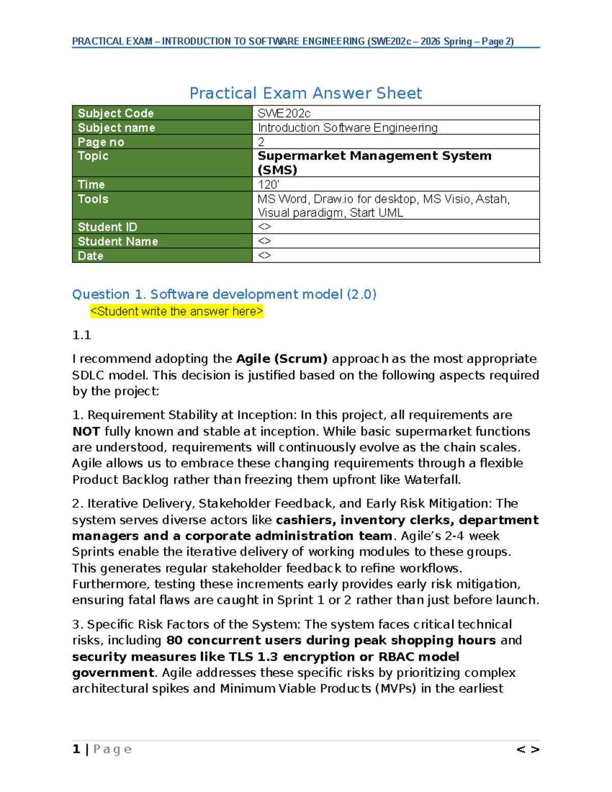 PRACTICAL EXAM ANSWER SHEET FOR SOFTWARE ENGINEERING (SWE202c) - Studocu