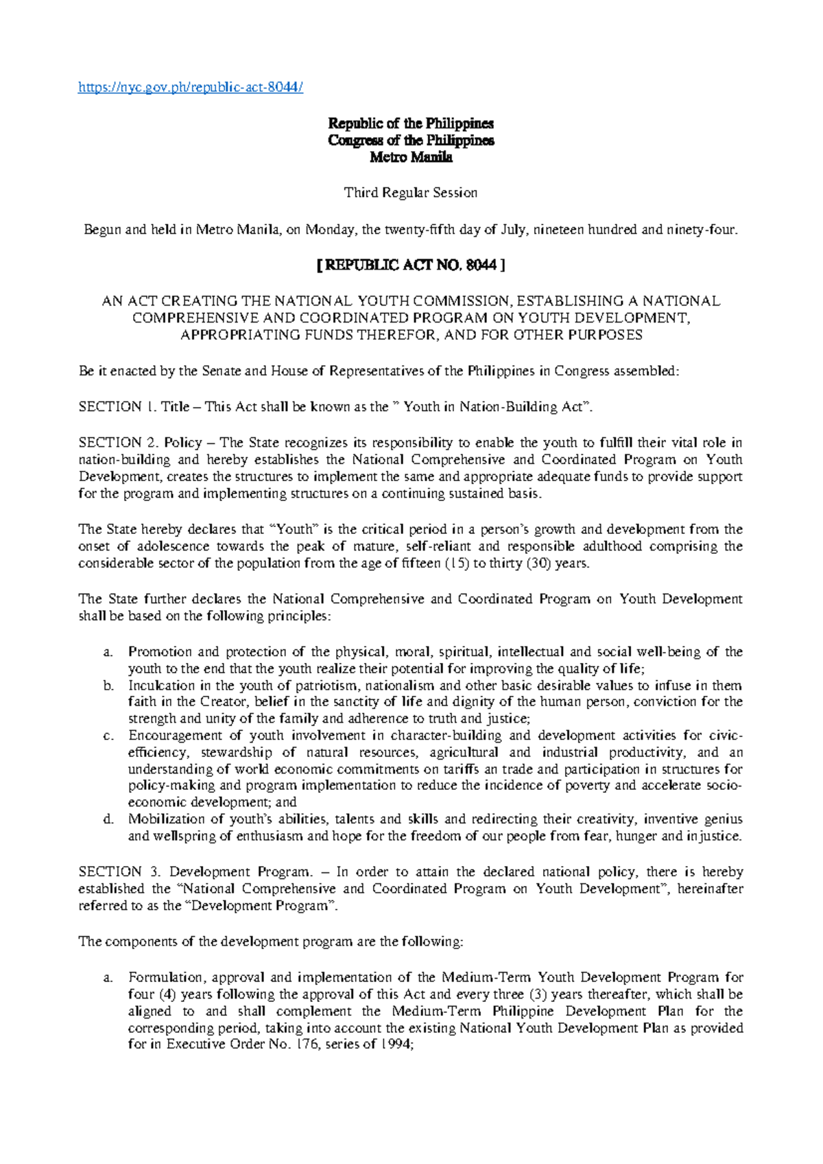 RA 8044: Youth in Nation-Building Act & Implementing Rules - Studocu