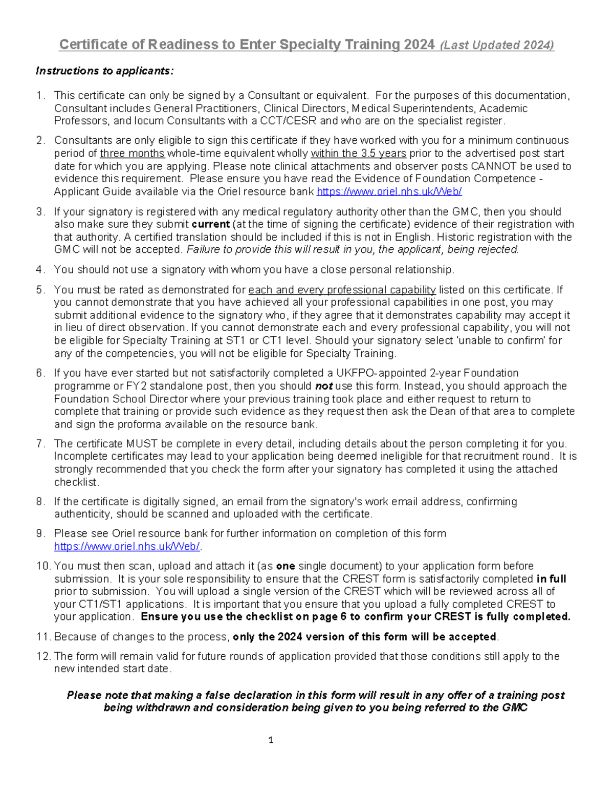 Certificate of Readiness for Specialty Training 2024 - CREST Form - Studocu