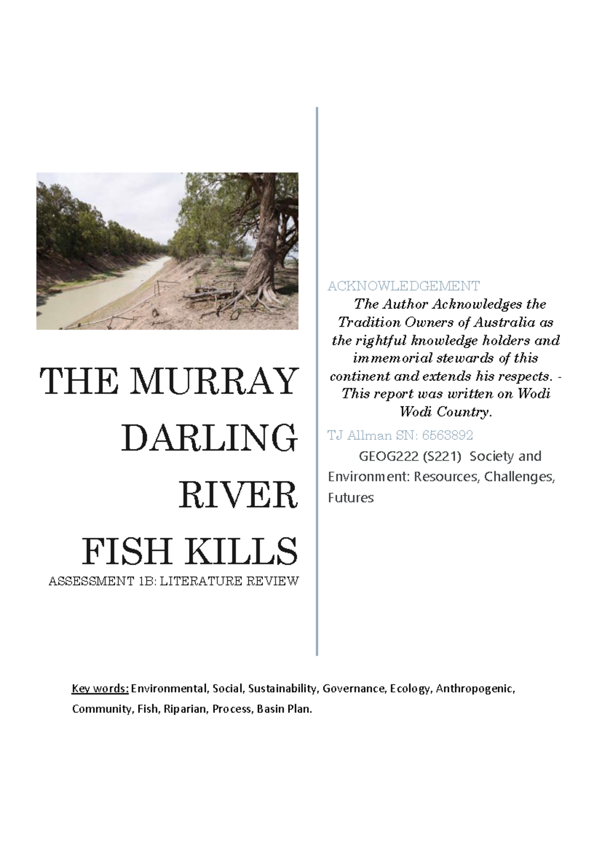 Final GEOG222 Literature Review: Murray-Darling River Fish Kills - Studocu