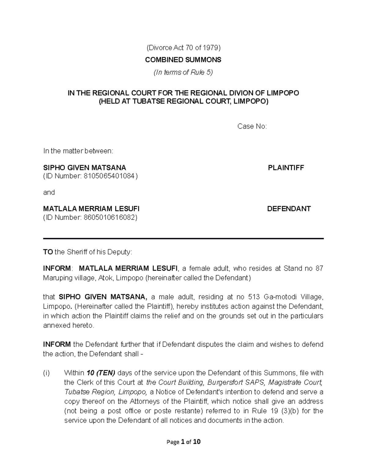 Example OF Divorce Summons - IN THE REGIONAL COURT FOR THE REGIONAL DIVISION OF LIMPOPO HELD AT ...
