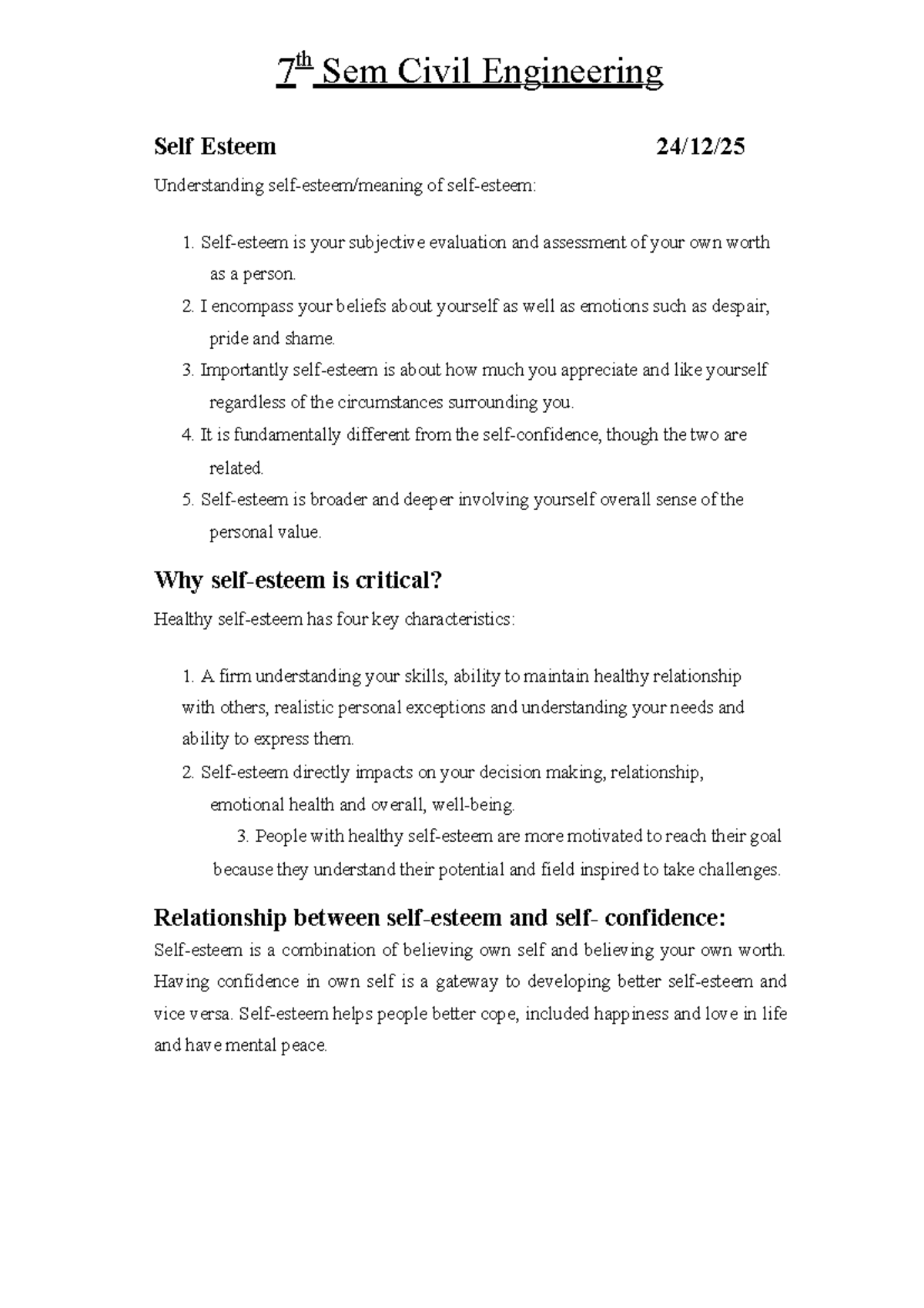 7th Sem Civil Engineering: Understanding Self Esteem and Its Impact ...