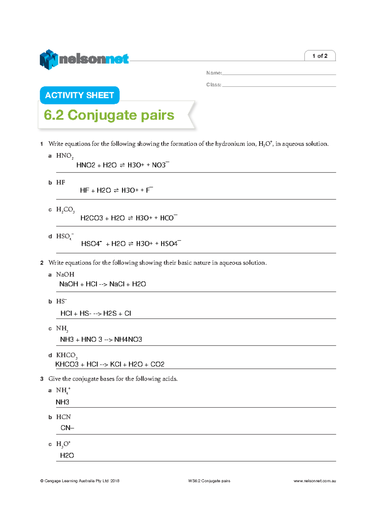 6.2 Conjugate Pairs Activity Worksheet: Acid-Base Reactions - Studocu