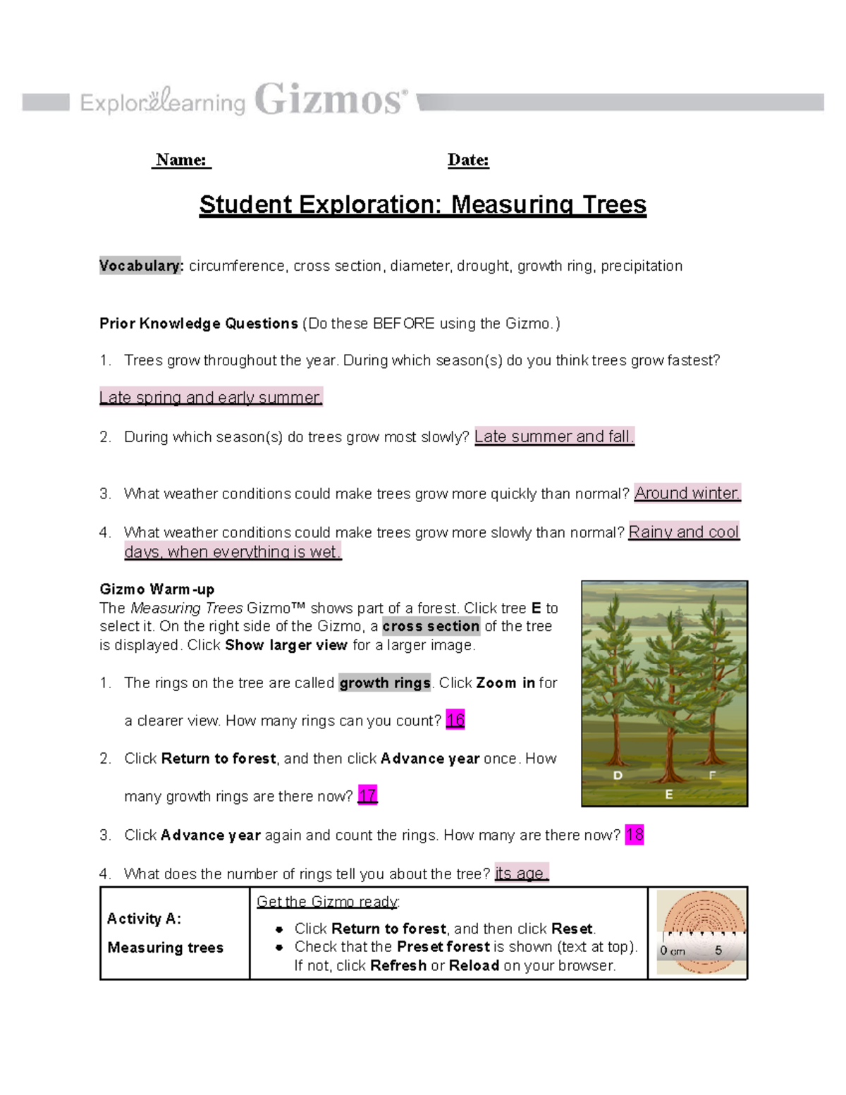Measuring Trees SE: Student Exploration Activity Answer Key - Studocu