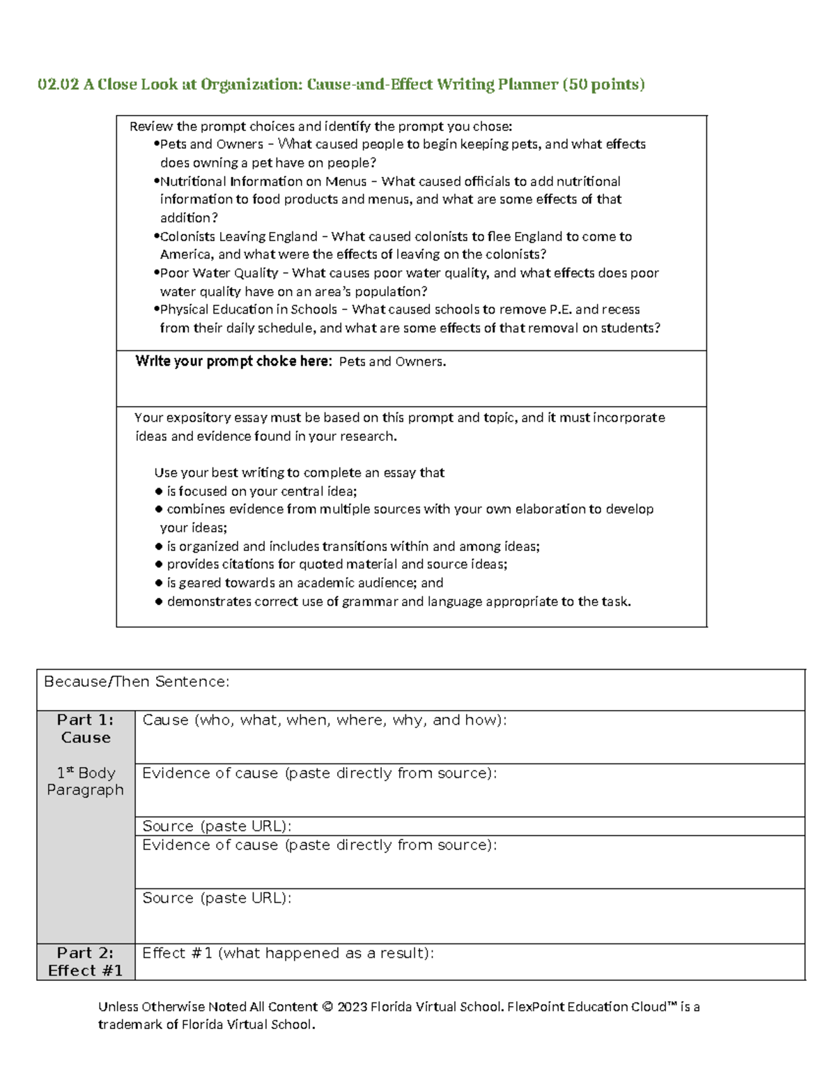 02.02 Writing Planner: Cause and Effect Essay on Pets and Owners - Studocu