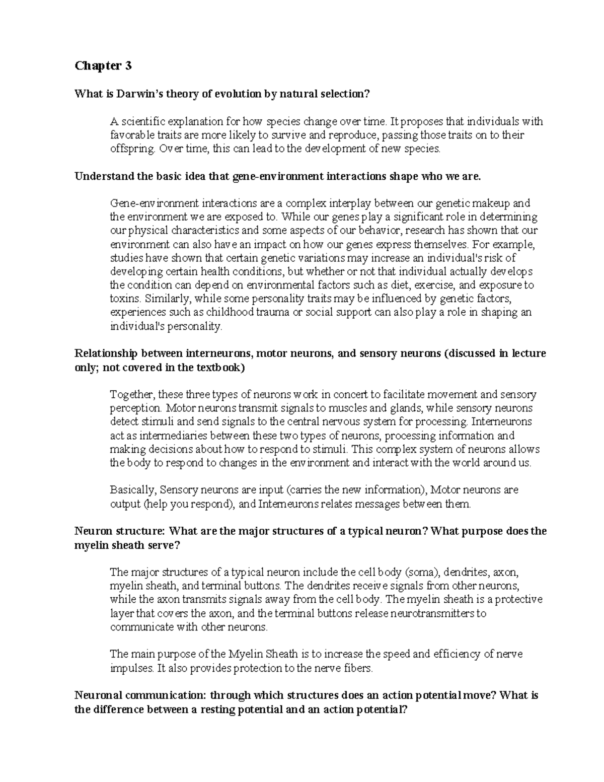 Chapter 3 Study Guide - Evolution and Neurobiology - Psych 2e - Studocu