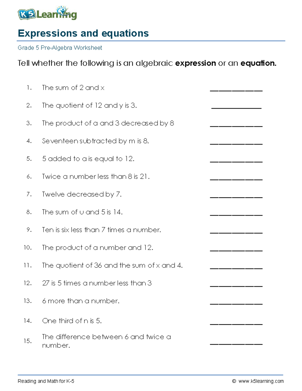 Grade 5 Math: Expressions & Equations Worksheet - Studocu