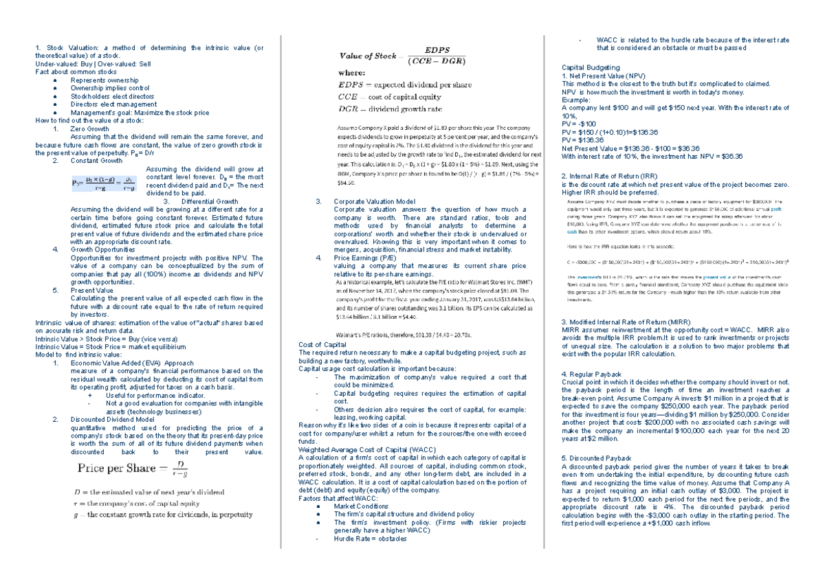 Stock Valuation & Financial Metrics Cheat Sheet for FM - Studocu