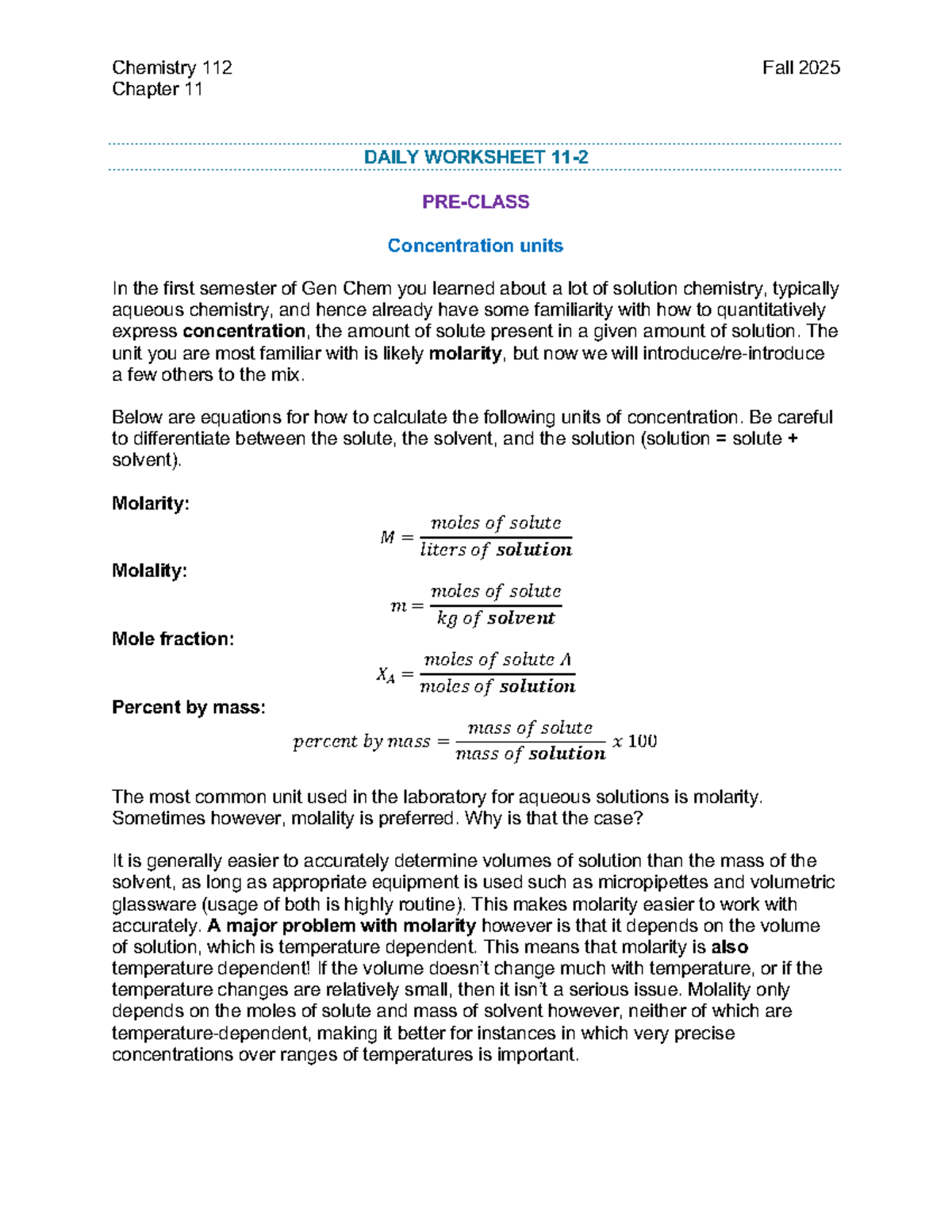 Chemistry 112 Fall 2025 Chapter 11 - Concentration Units & Calculations ...