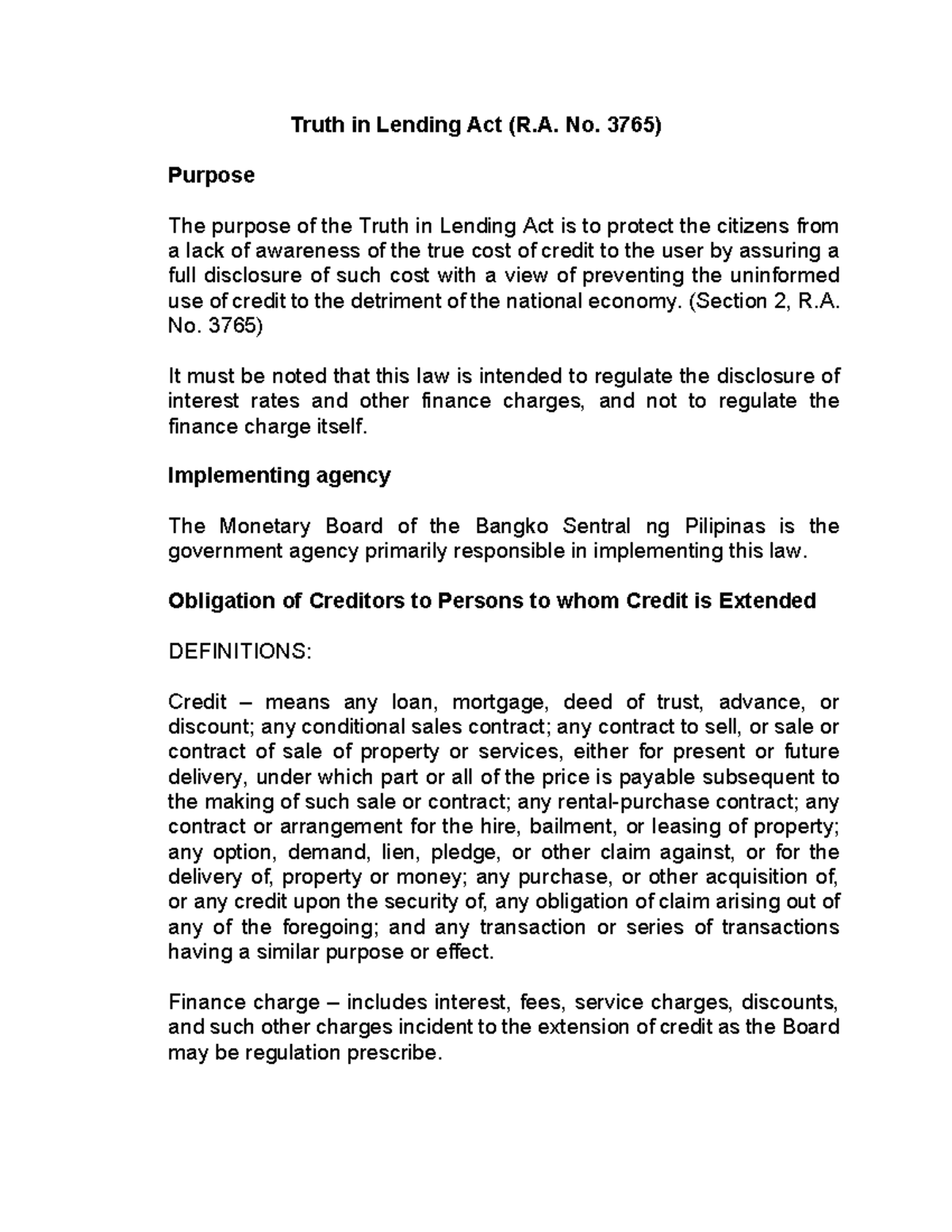 Truth in Lending Act & E-Commerce Act Overview (R.A. No. 3765) - Studocu