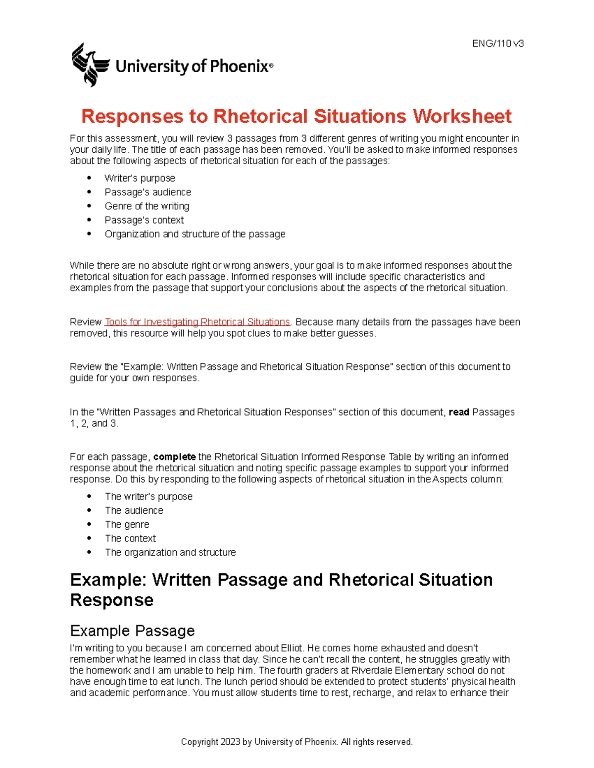 ENG/110 v3 Responses to Rhetorical Situations Worksheet Guide - Studocu
