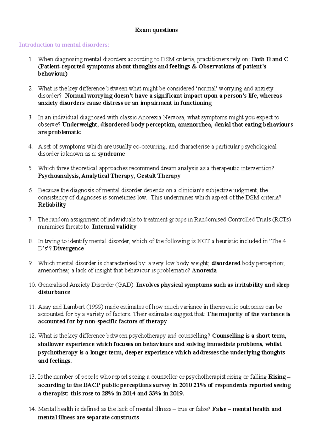 Introduction to Mental Disorders: Practice Exam Questions for PSY101 ...