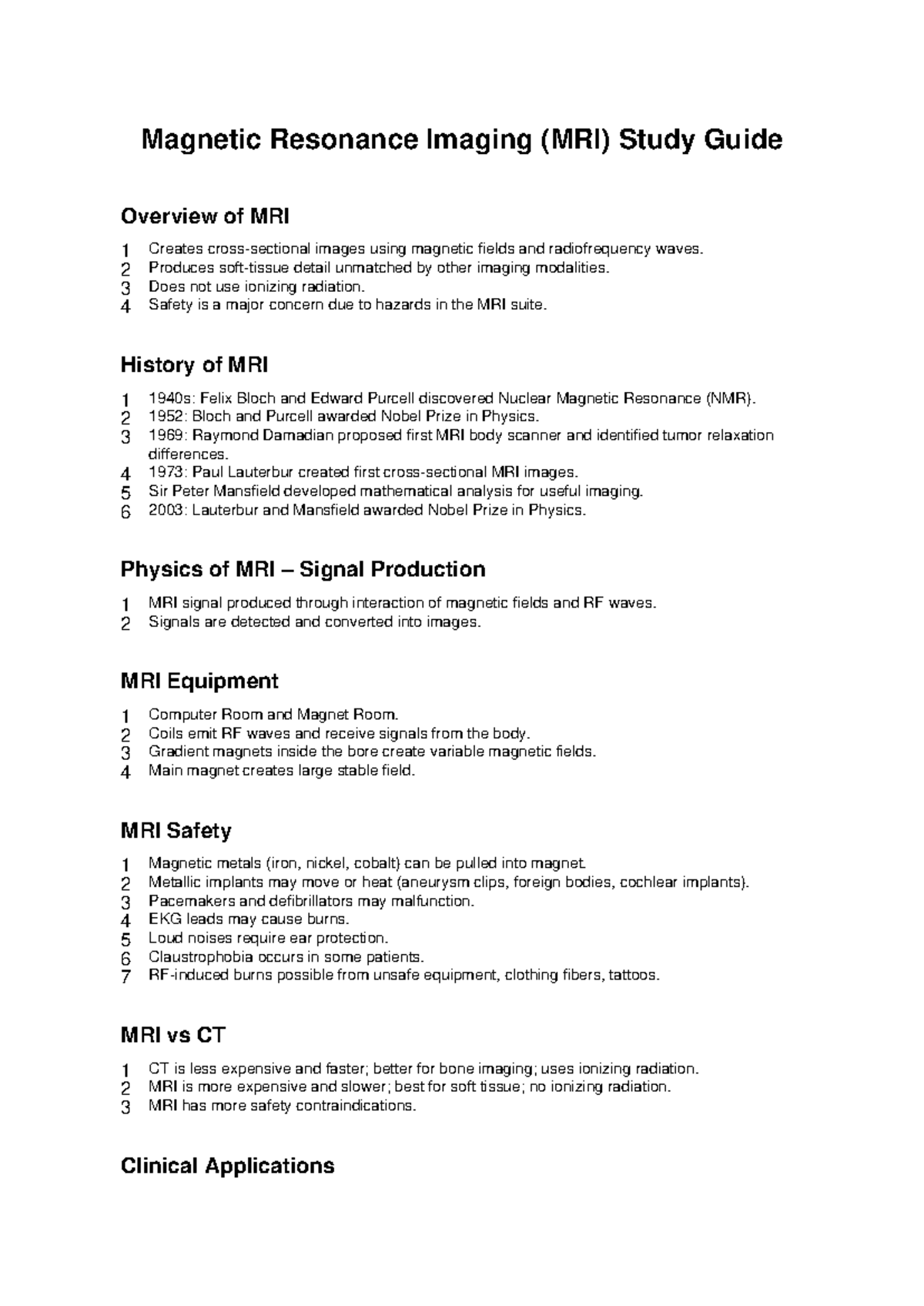 MRI Study Guide (Final Exam) - Overview, History, and Safety - Studocu