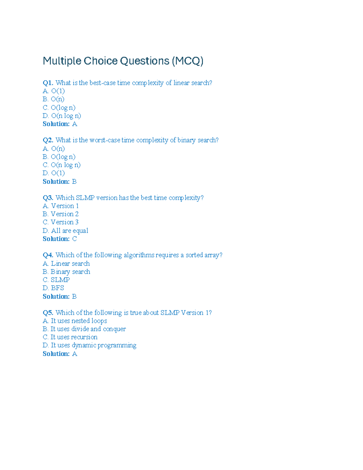 Data Structures and Algorithms: MCQ & Short Answer Review (DSA101) - Studocu
