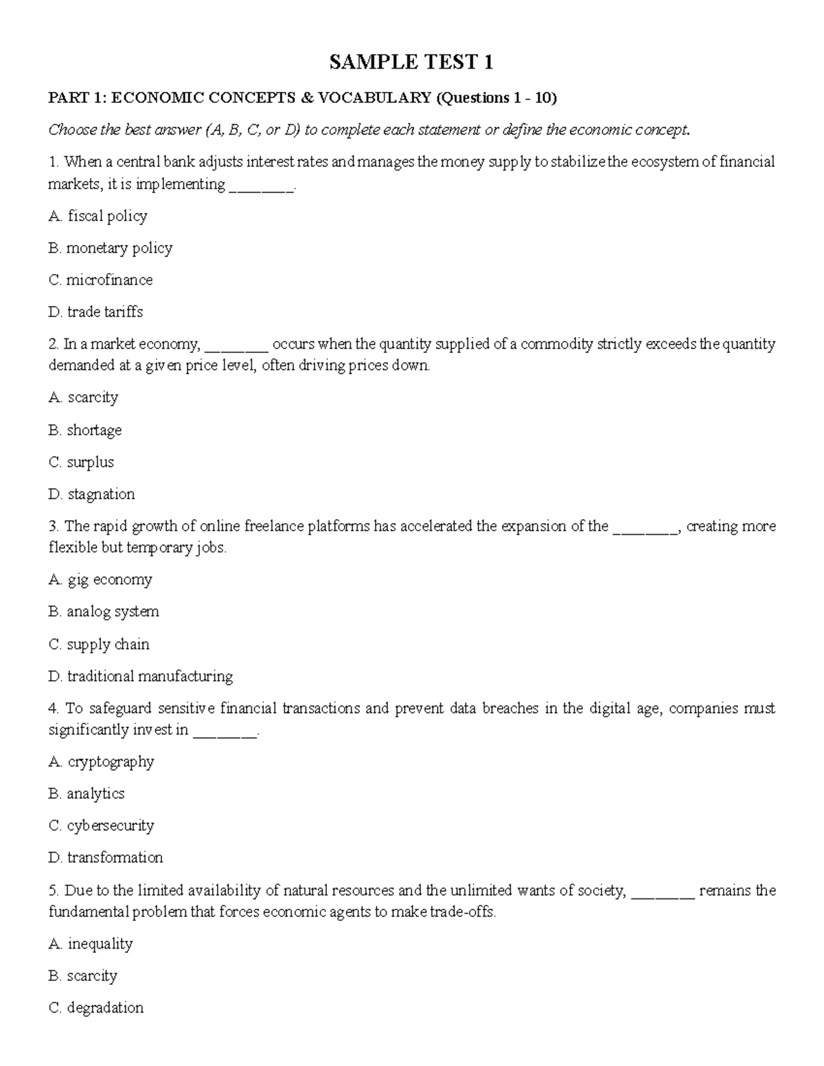 SAMPLE TEST 1 & 2: ECONOMIC CONCEPTS & VOCABULARY (ECO1) - Studocu