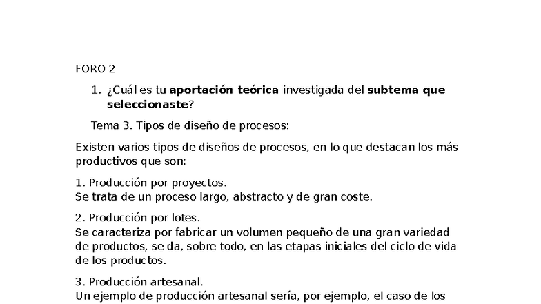 Aportación FORO 2: Tipos de Diseño de Procesos en Manufactura - Studocu