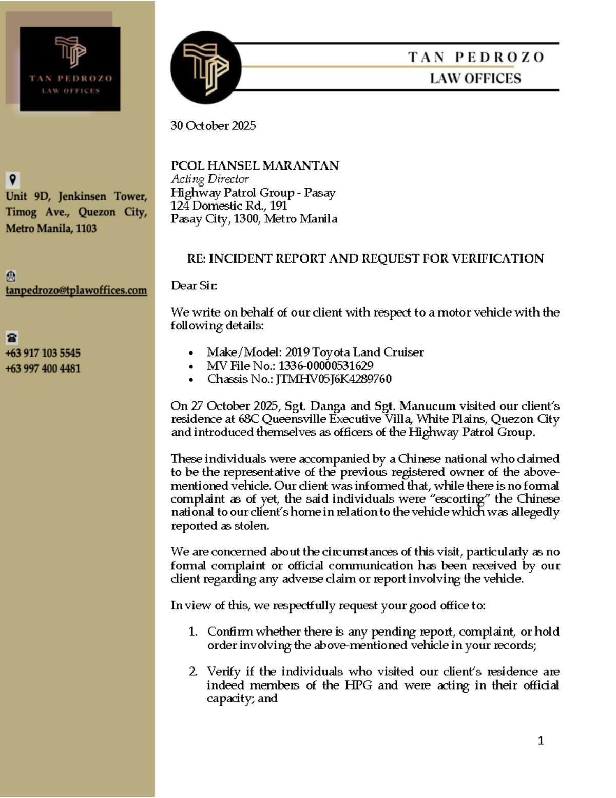 Verification Letter Request Regarding Vehicle Incident (HPG) - Studocu