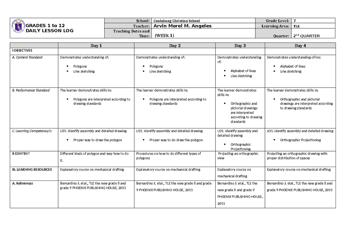 Lesson Plan: Drafting Skills for Original Design (TLE Grade 7, Q2 ...