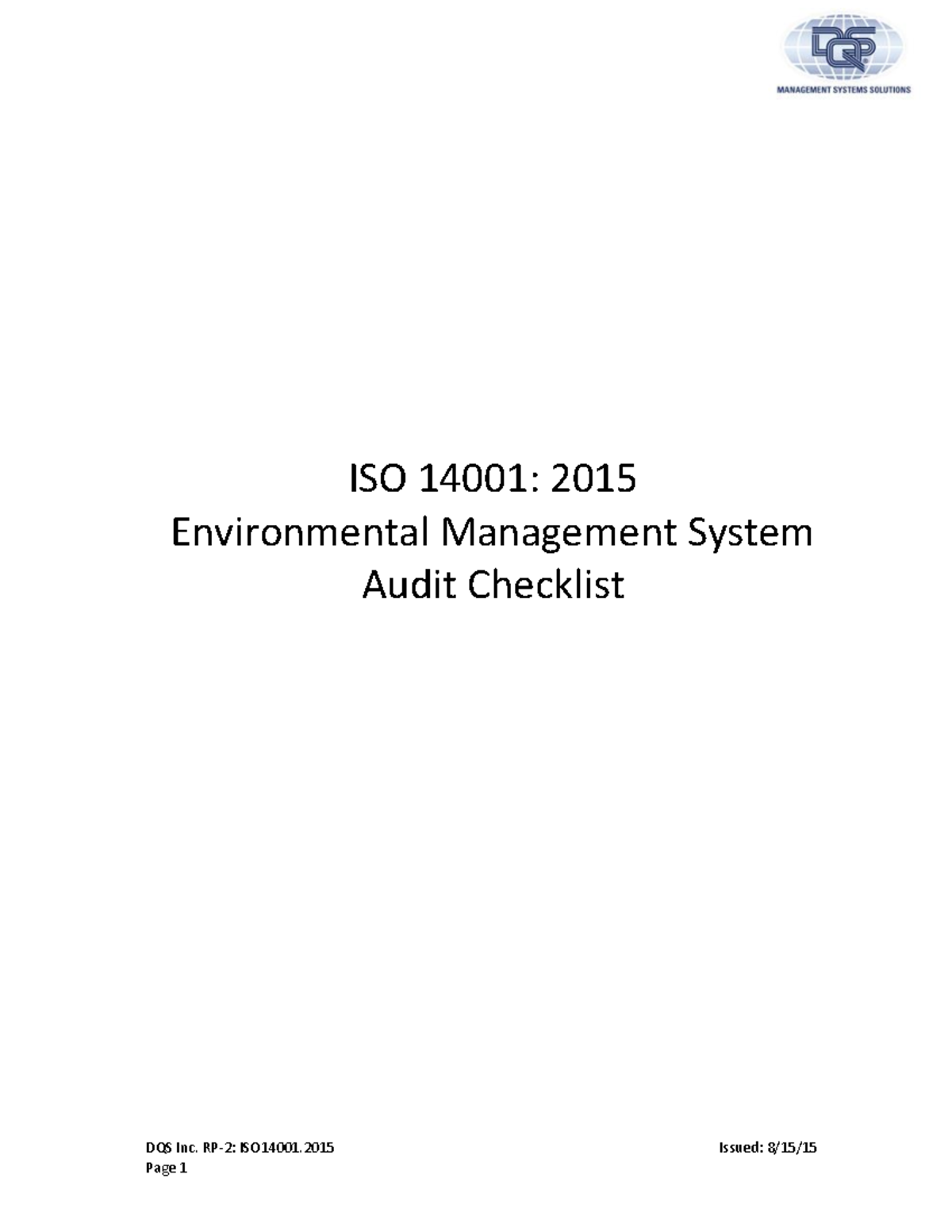 ISO 14001:2015 Environmental Management System Audit Checklist - Studocu