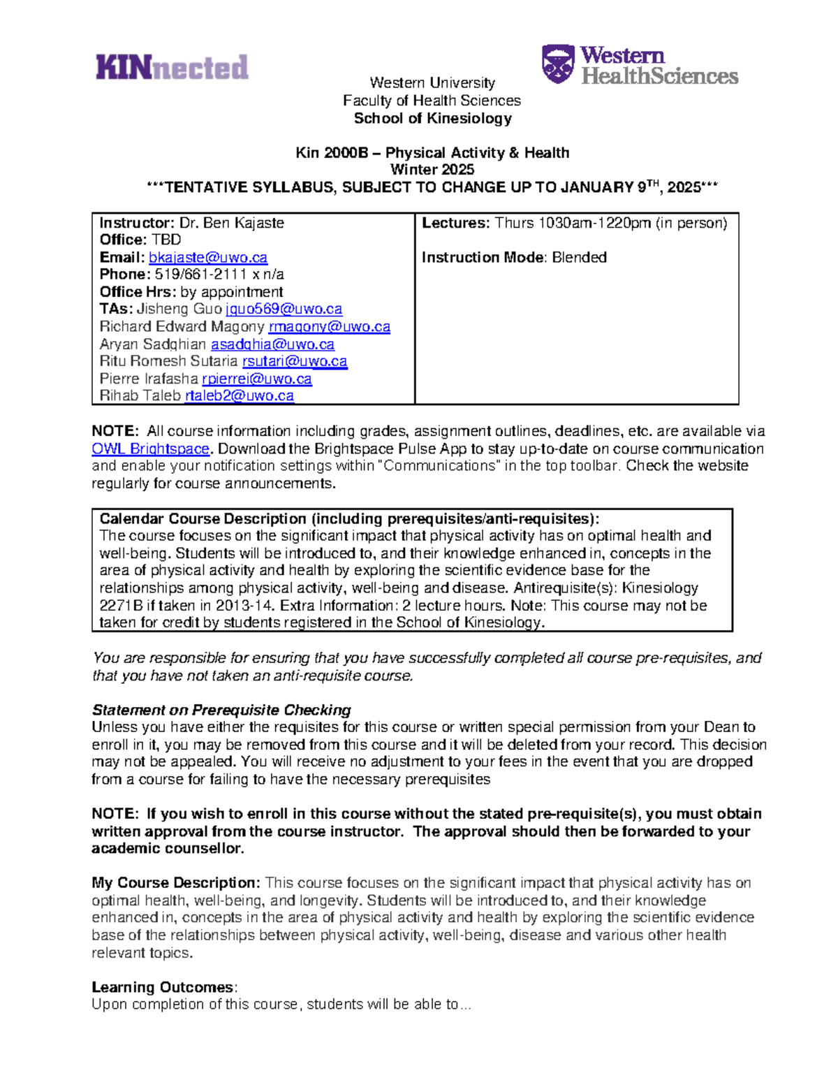 Kin 2000 B Syllabus - Winter 2025: Physical Activity & Health Overview - Studocu
