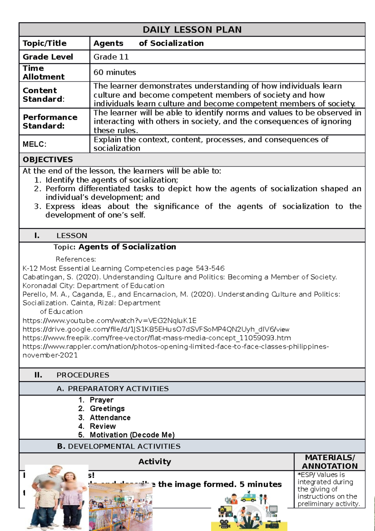 Lesson Plan UCSP CO1 - Agents of Socialization for Grade 11 - Studocu