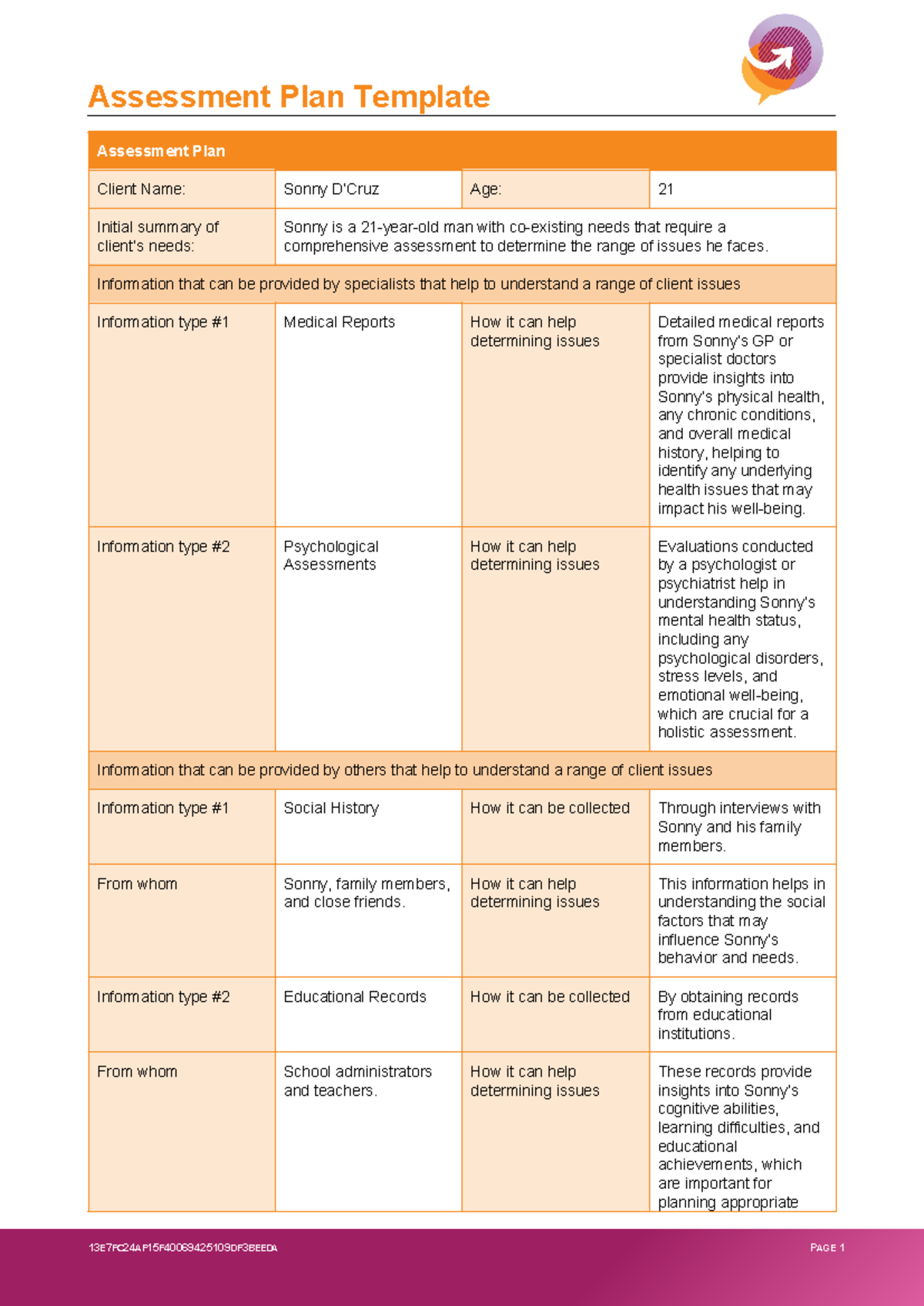 Assessment Plan Template for Client Needs - Sonny D’Cruz - Studocu