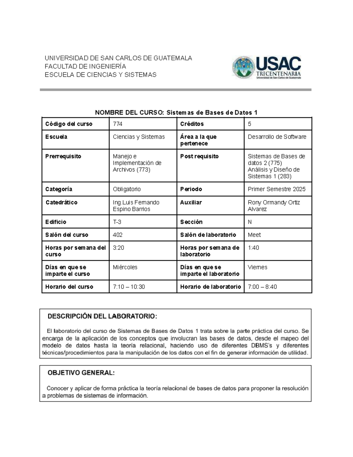 Programa del Curso de Sistemas de Bases de Datos 1 - Sección B 2025 ...