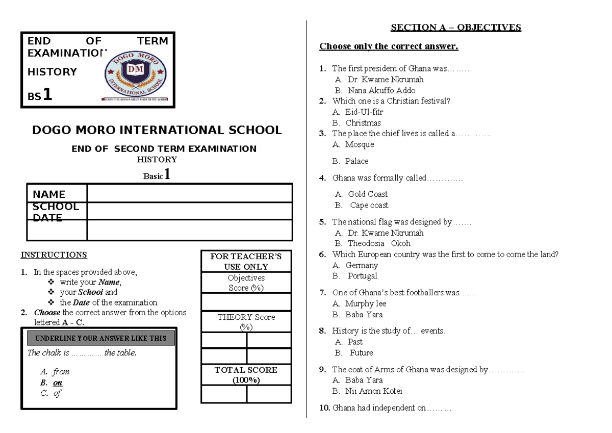 B1 HIST - END OF TERM EXAM OBJECTIVES QUESTIONS - Studocu