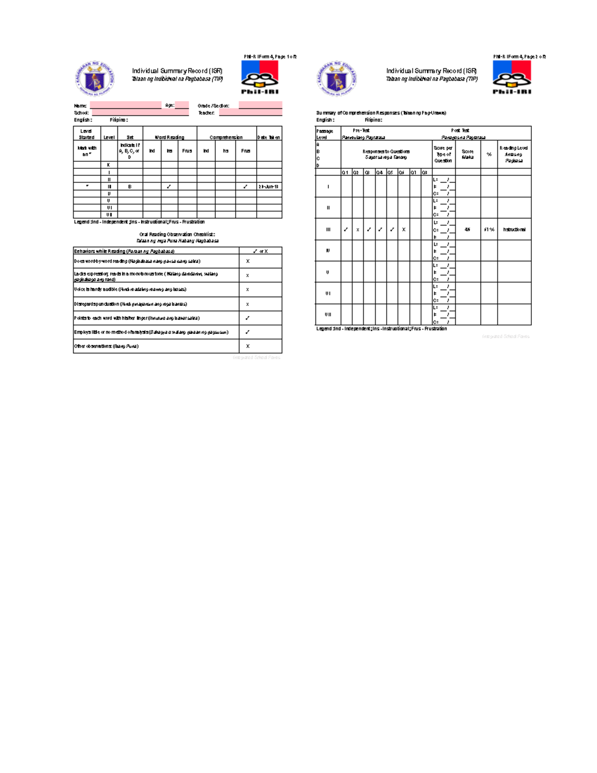 Phil-IRI Form 4 Individual Summary Record (ISR) and Analysis - Studocu