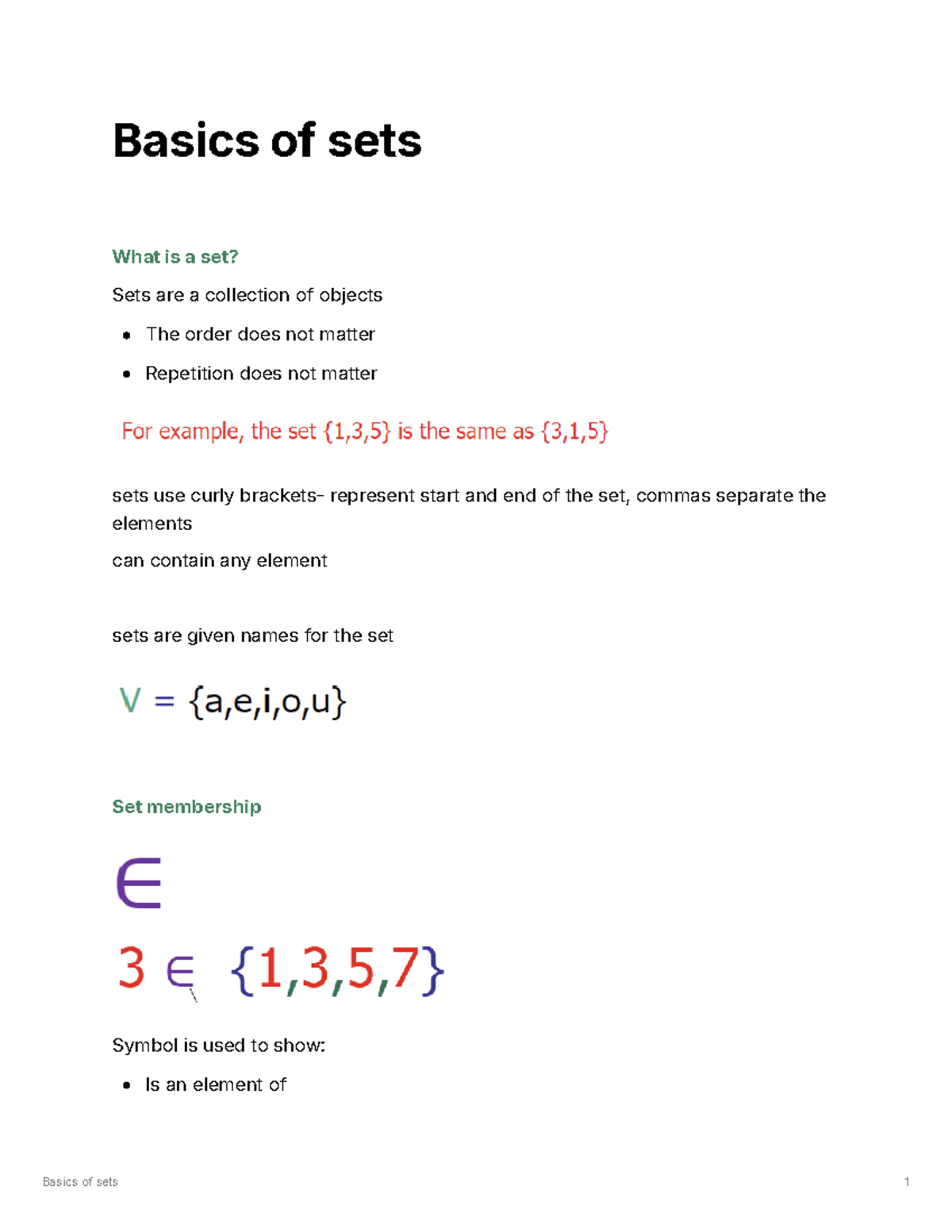 Basics of sets - Basics of sets What is a set? Sets are a collection of ...
