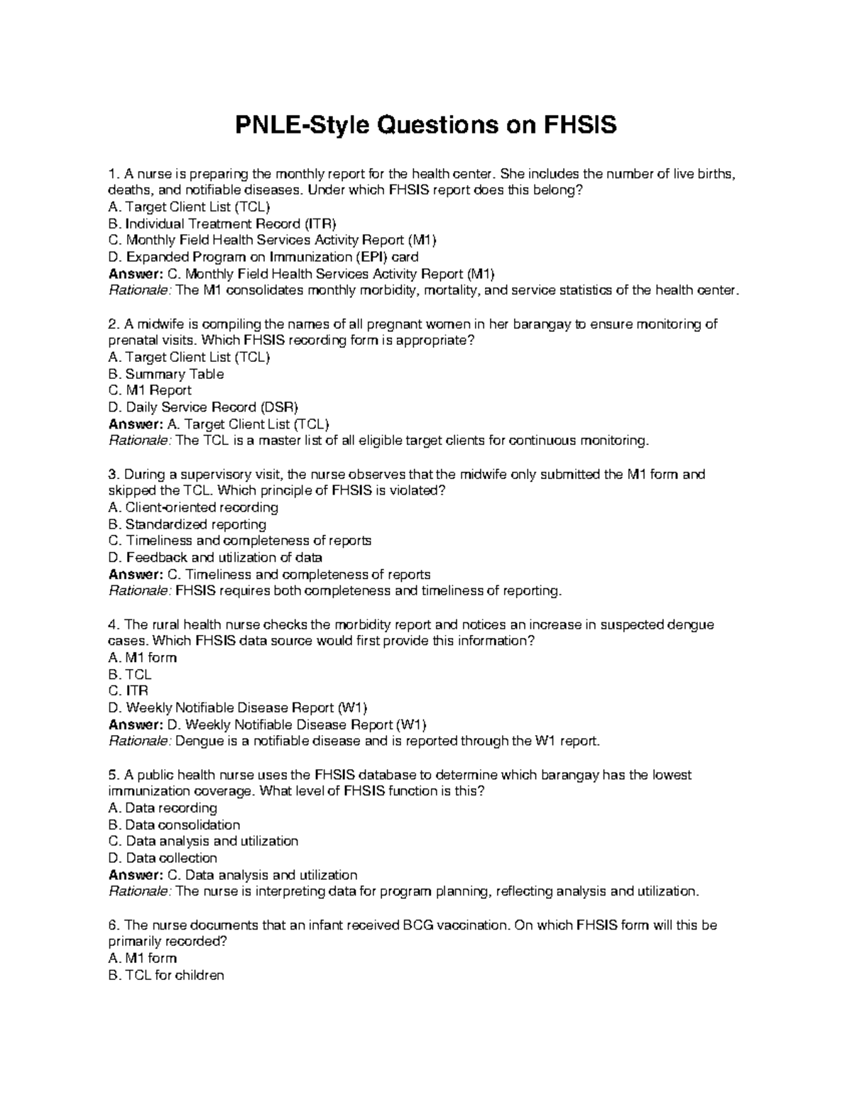 FHSIS PNLE Practice Questions: Monthly Report & Data Utilization - Studocu