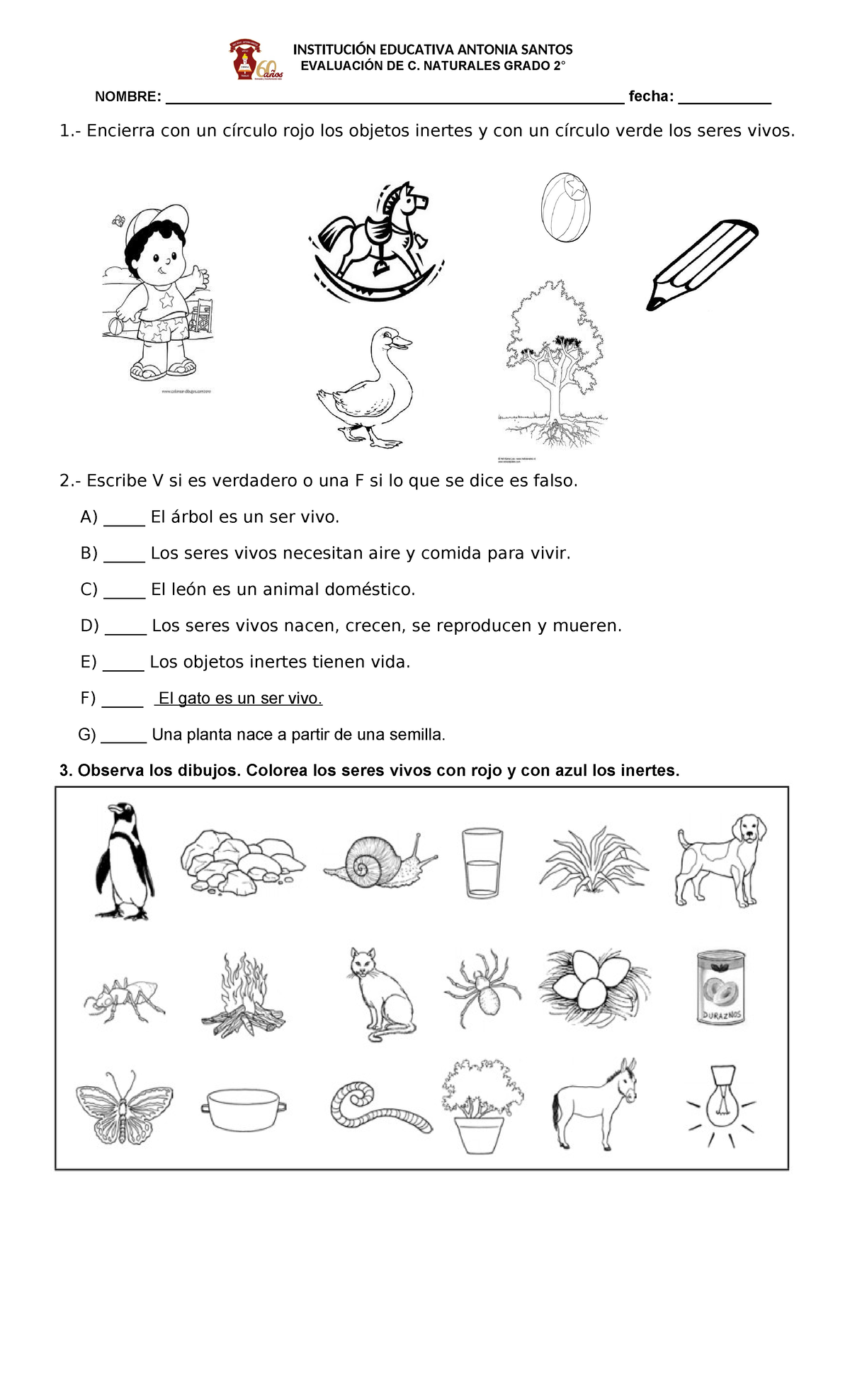Evaluacion Seres Vivos e Inerte - INSTITUCIÓN EDUCATIVA ANTONIA SANTOS ...