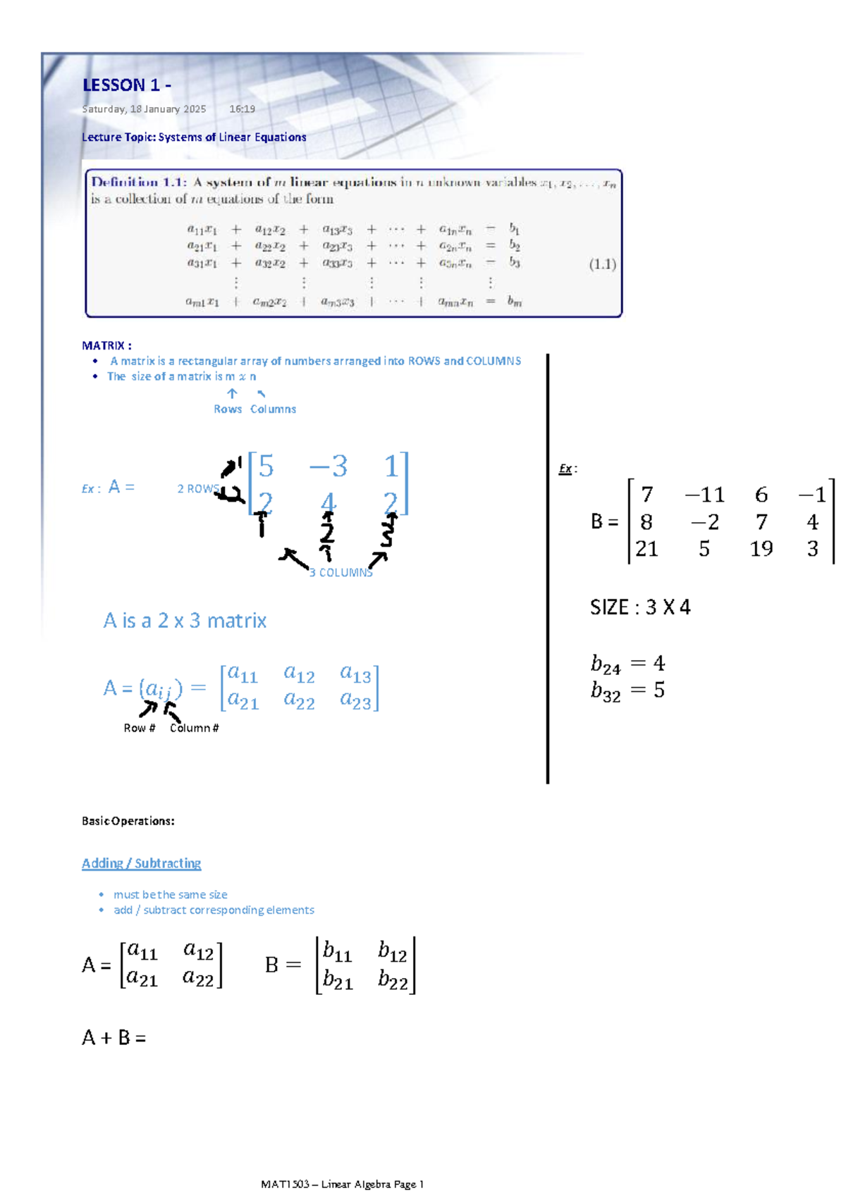 MAT1503 - Lesson 1: Intro to Systems of Linear Equations & Matrices ...