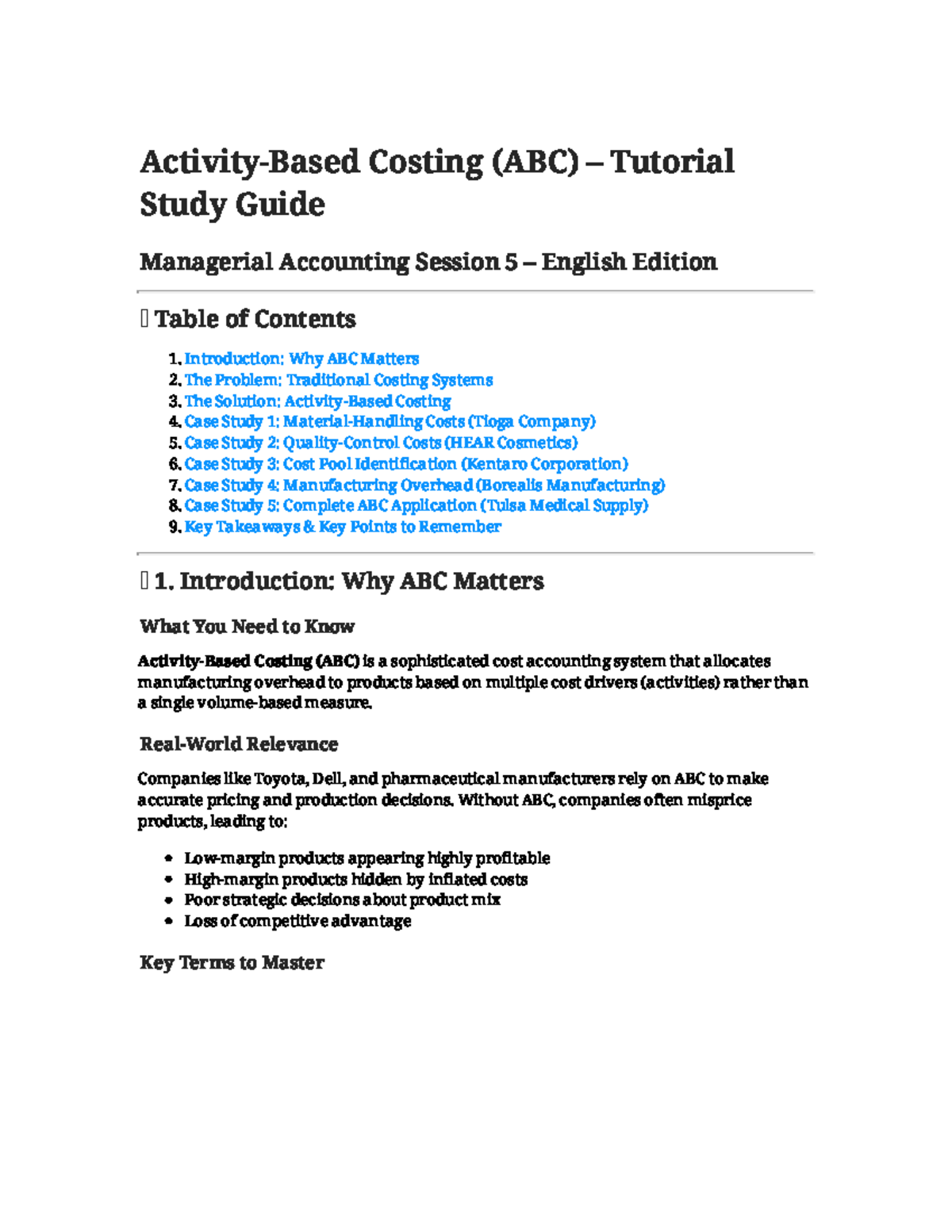 ABC (Activity-Based Costing) Tutorial Study Guide for Managerial ...