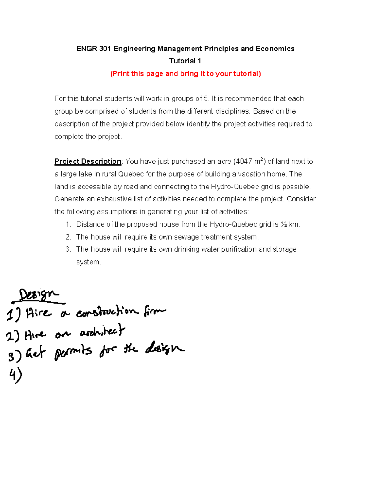 ENGR 301 Tutorial 1: Project Activities for Vacation Home Construction ...