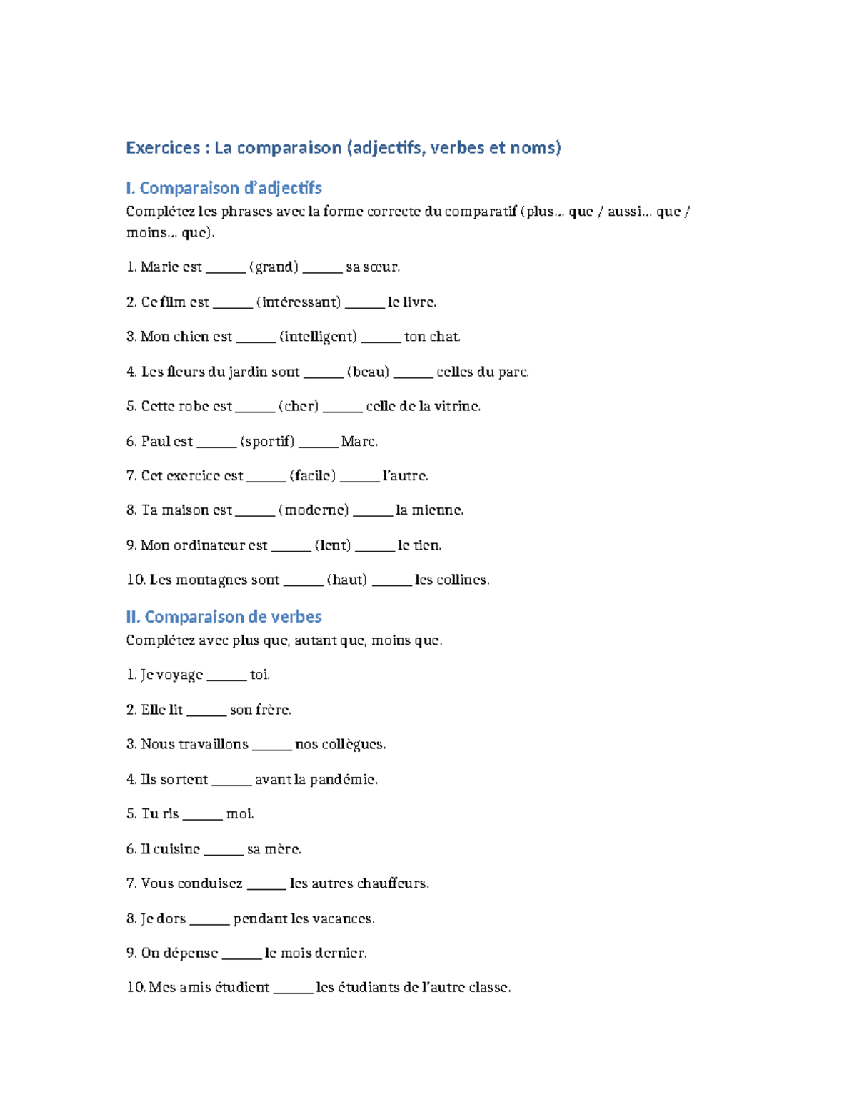 Exercices : Comparaison (Adjectifs, Verbes, Noms) en Français - Studocu
