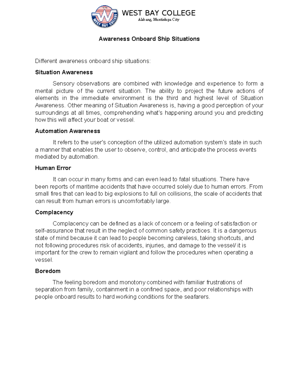 Awareness Onboard Ship Situations - Key Factors Affecting Safety - Studocu
